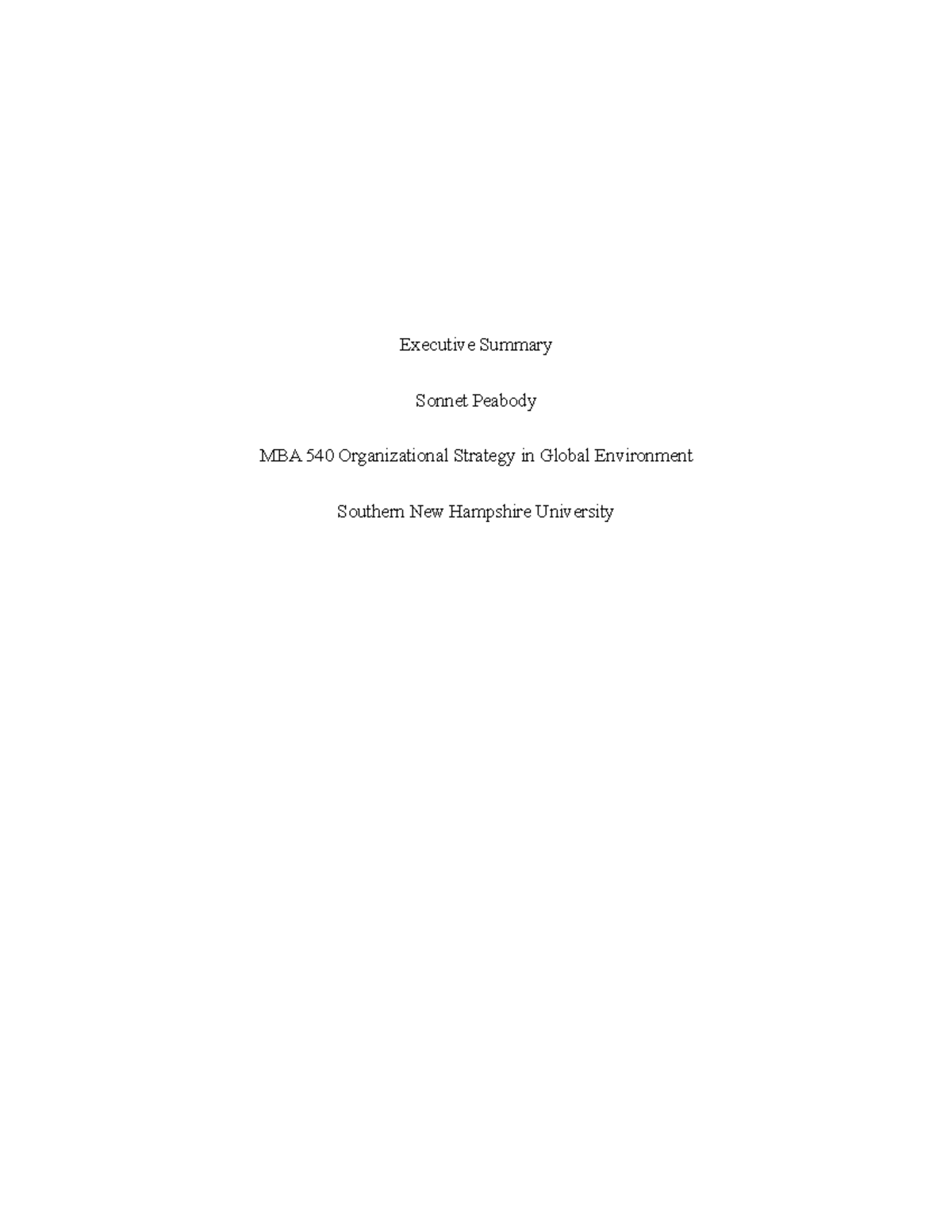 Executive Summary - Executive Summary Sonnet Peabody MBA 540 ...