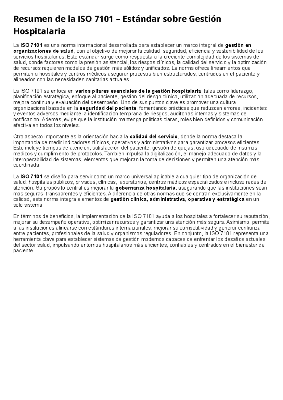ISO 7101: Resumen del Estándar de Gestión Hospitalaria - Studocu