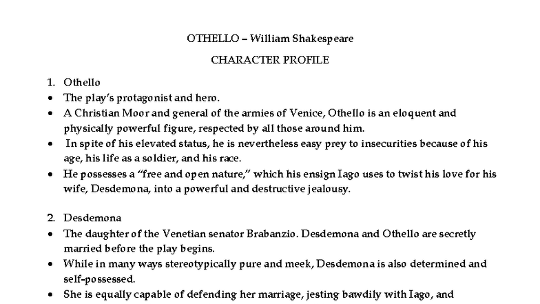 Othello (ENG 101) Character Profiles: Key Figures in the Play - Studocu
