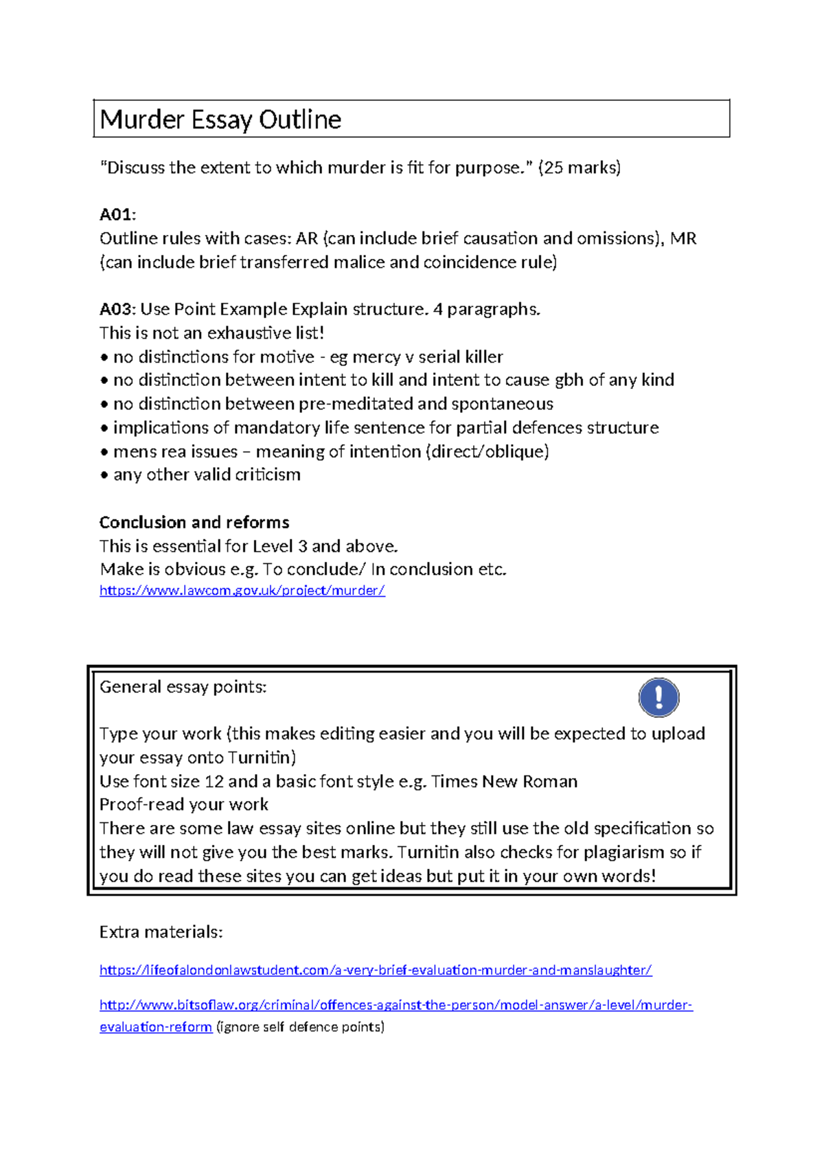 Murder Essay Guidance - A Level Law (L3) Outline & Tips - Studocu
