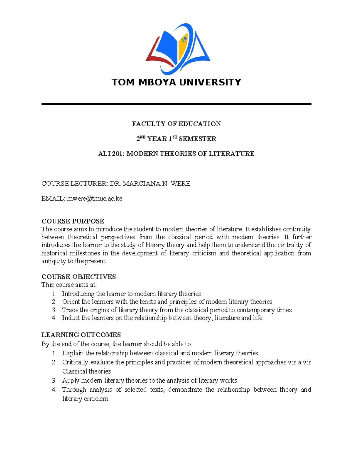 ALI 201 Modern Theories of Literature Course Outline & Schedule - Studocu
