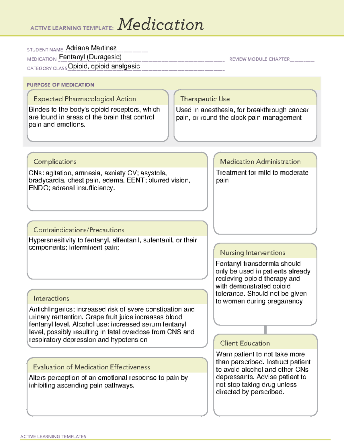 Fentanyl (Duragesic) Medication Card – Active Learning Template - Studocu
