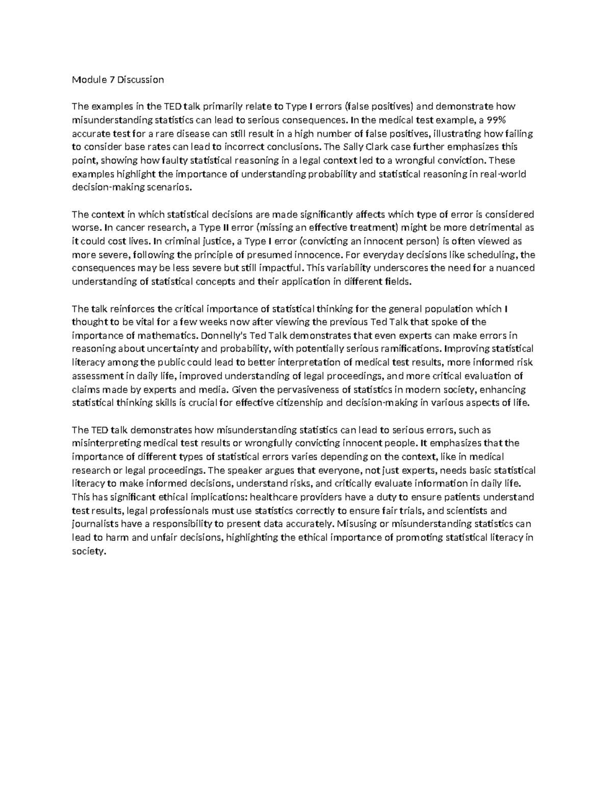 PSY 260 Module 7 Discussion on Importance of Statistical Literacy - Studocu