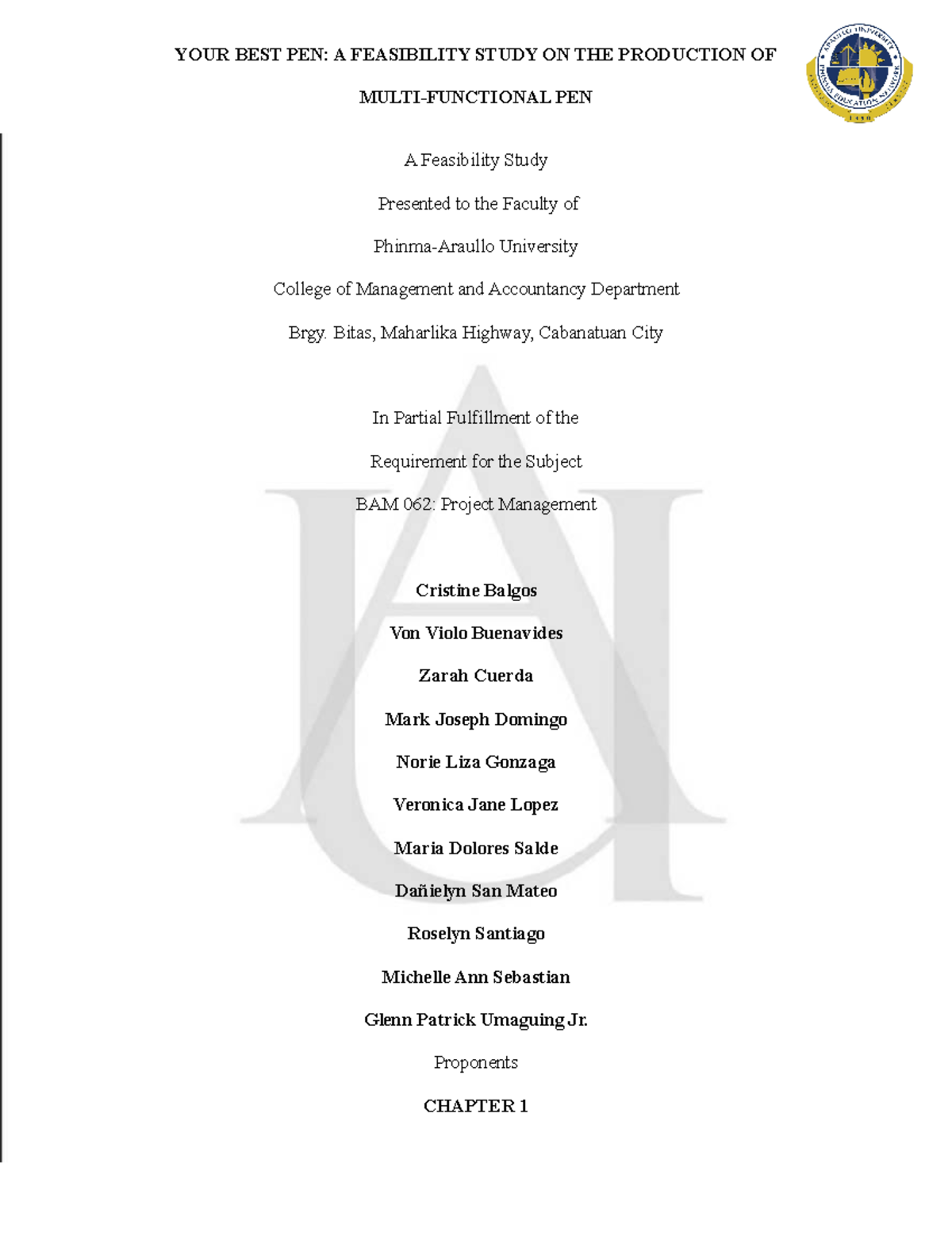 Feasibility Study on Multi-Functional Pen for BAM 062 Course - Studocu