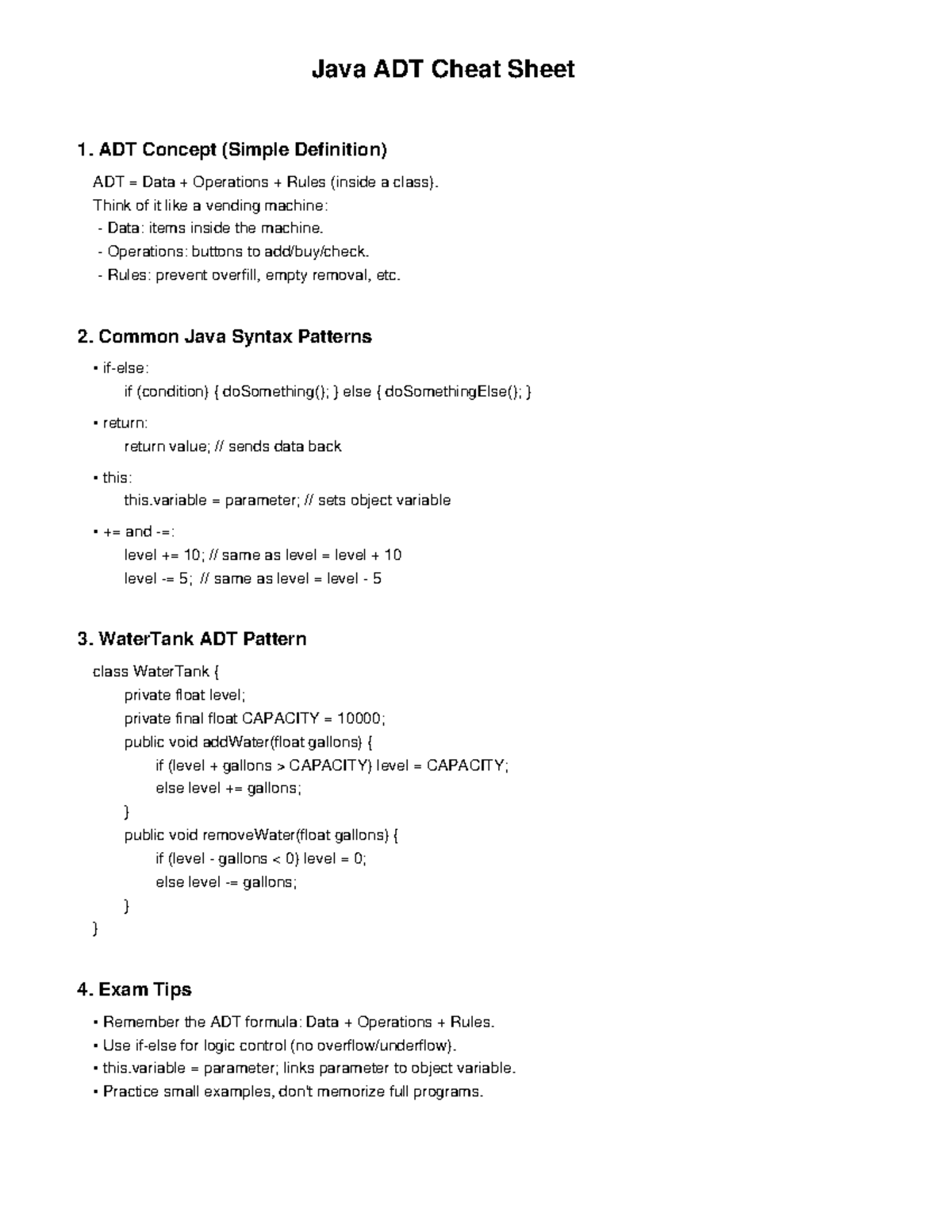 Java ADT Cheat Sheet: Concepts, Syntax, and Exam Tips - Studocu