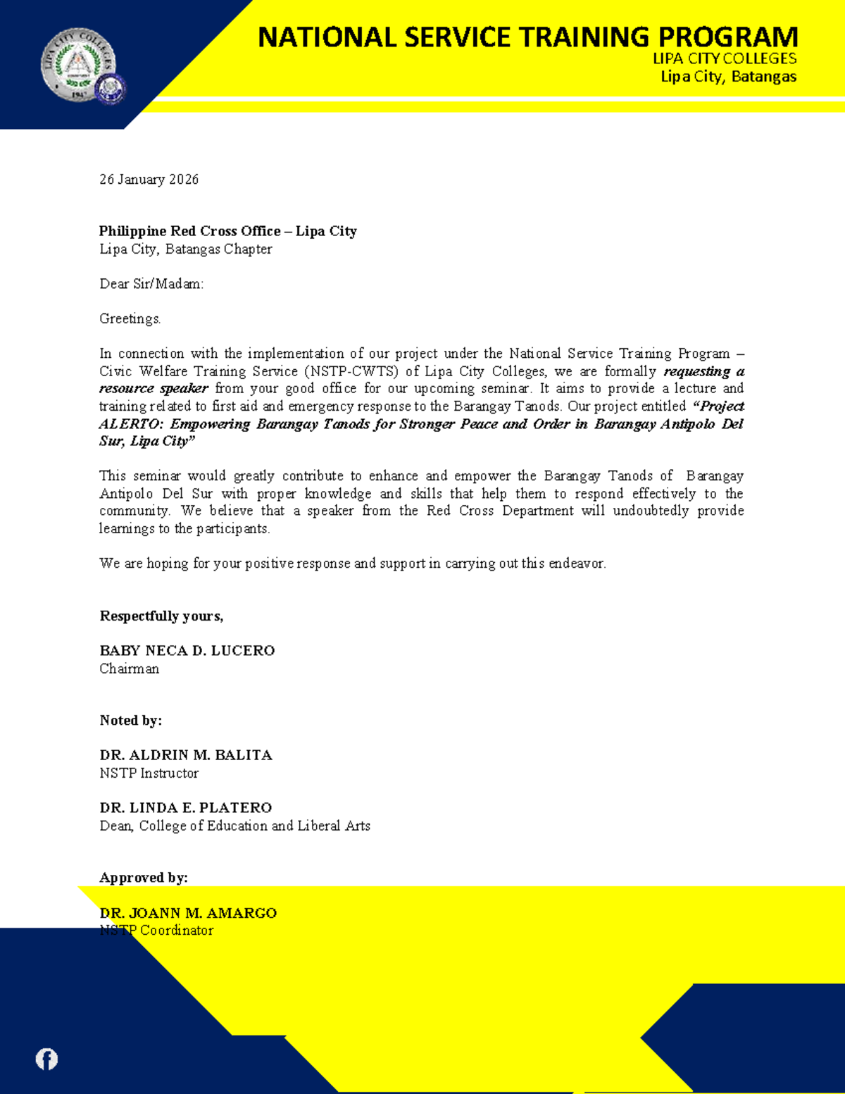 NSTP LCC: Request for Resource Speakers for ALERTO Seminar - Studocu