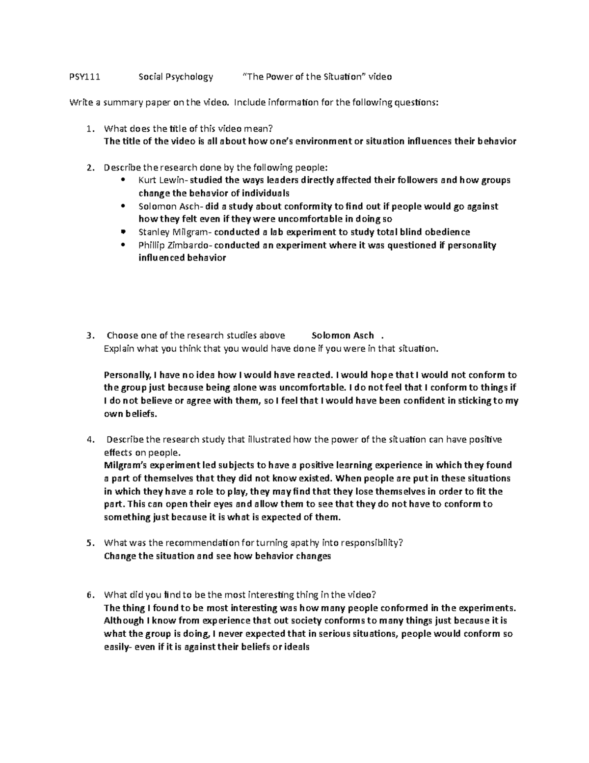 PSY111 Video The Power of the Situation worksheet 04202021 - PSY111 ...