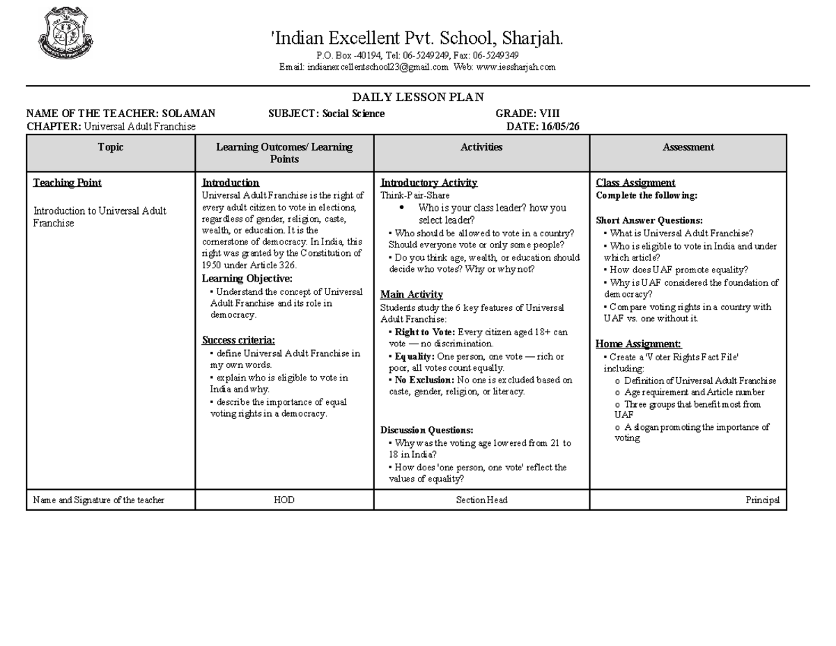 LP: Universal Adult Franchise Lesson Plan for Social Science - Studocu