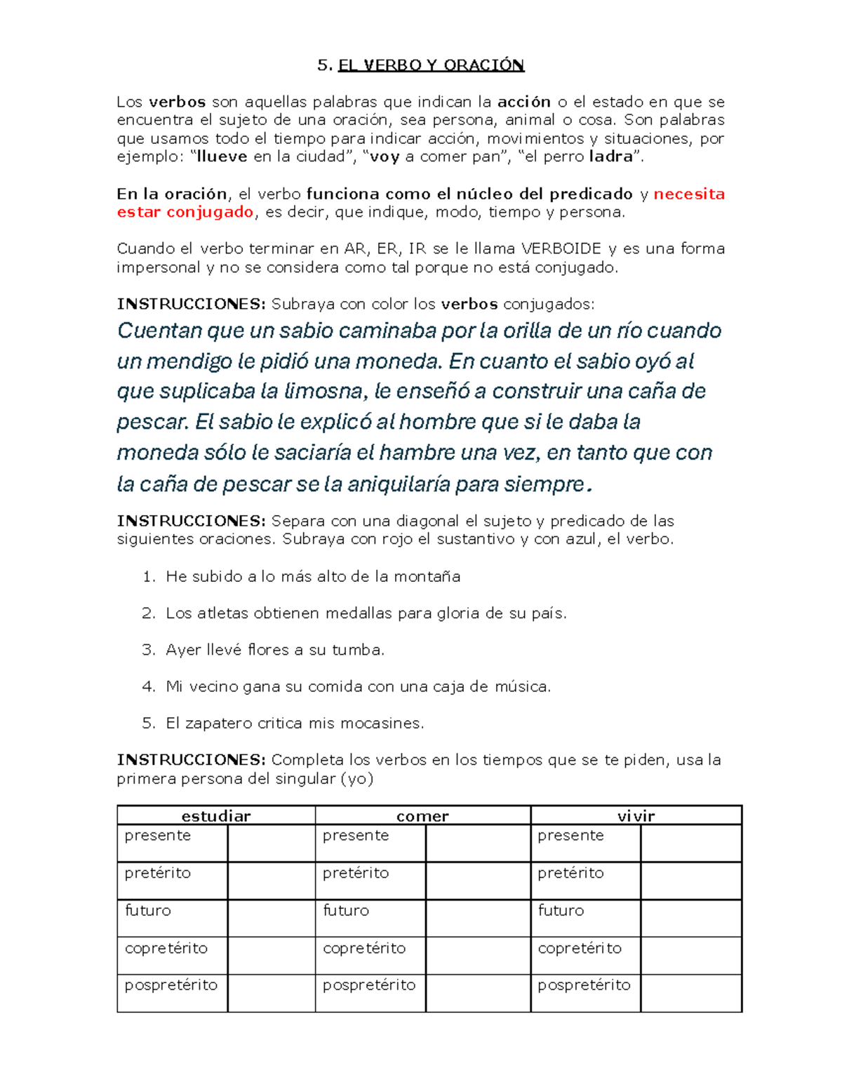 Verbo y Oración - TAREA DE ESPAÑOL 5: Ejercicios y Explicaciones - Studocu