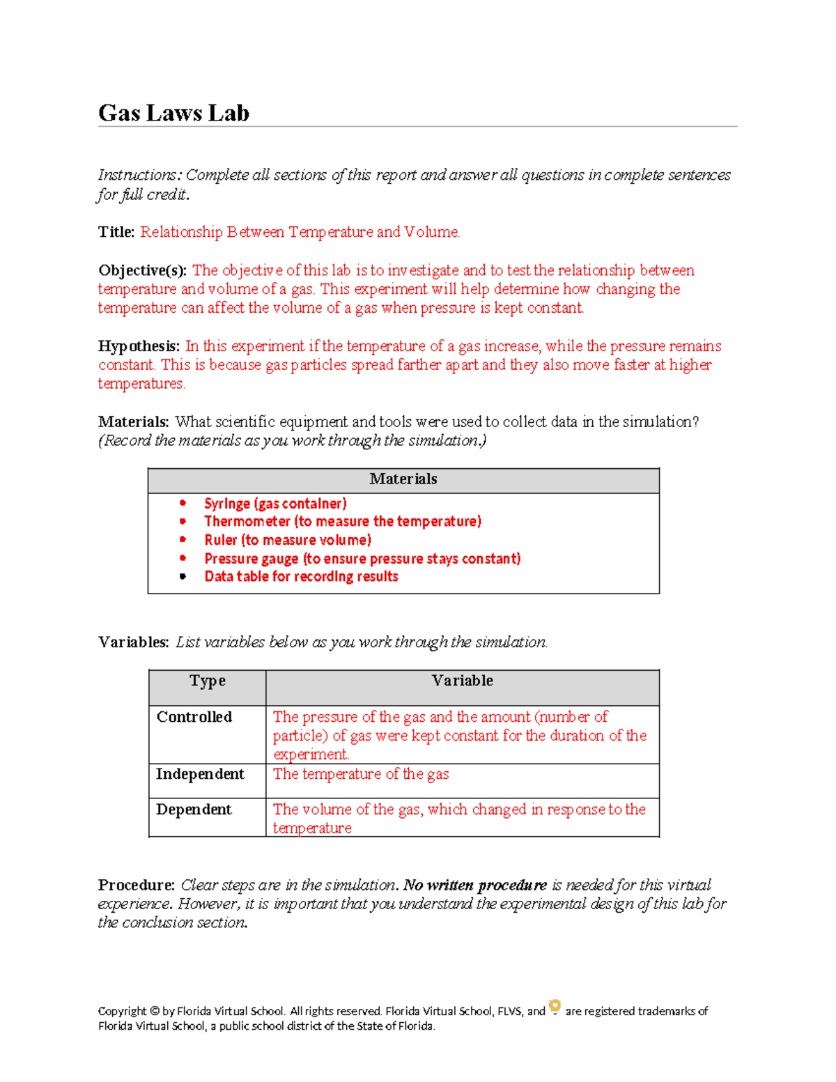 Gas Laws Lab Report: Investigating Temperature-Volume Relationship ...