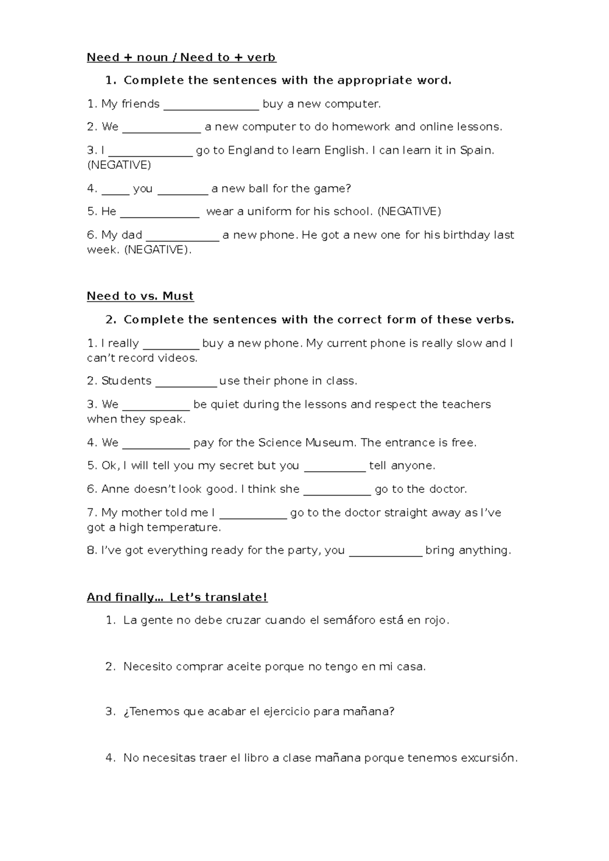 Need + Noun + Verb vs. Must: Sentence Completion Exercises - Studocu