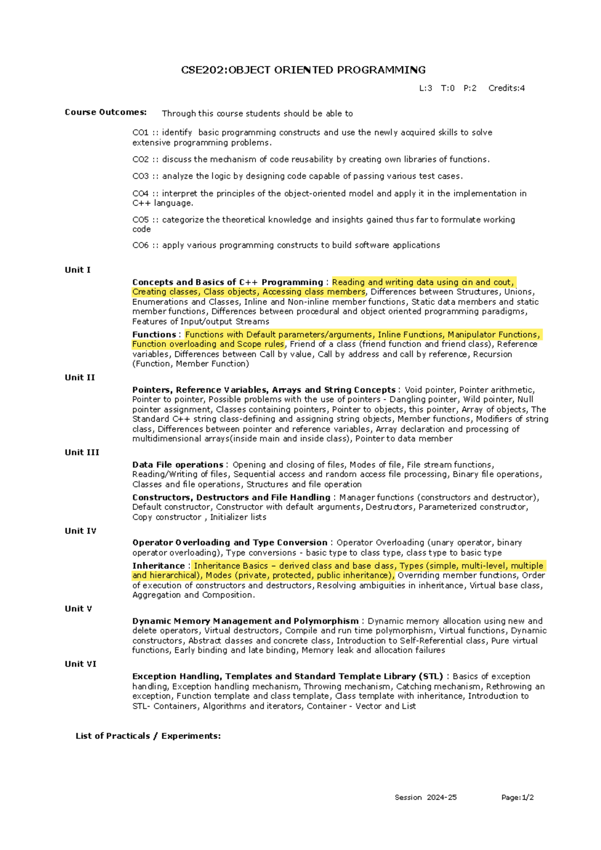 CSE202: Object Oriented Programming Course Syllabus and Outcomes - Studocu