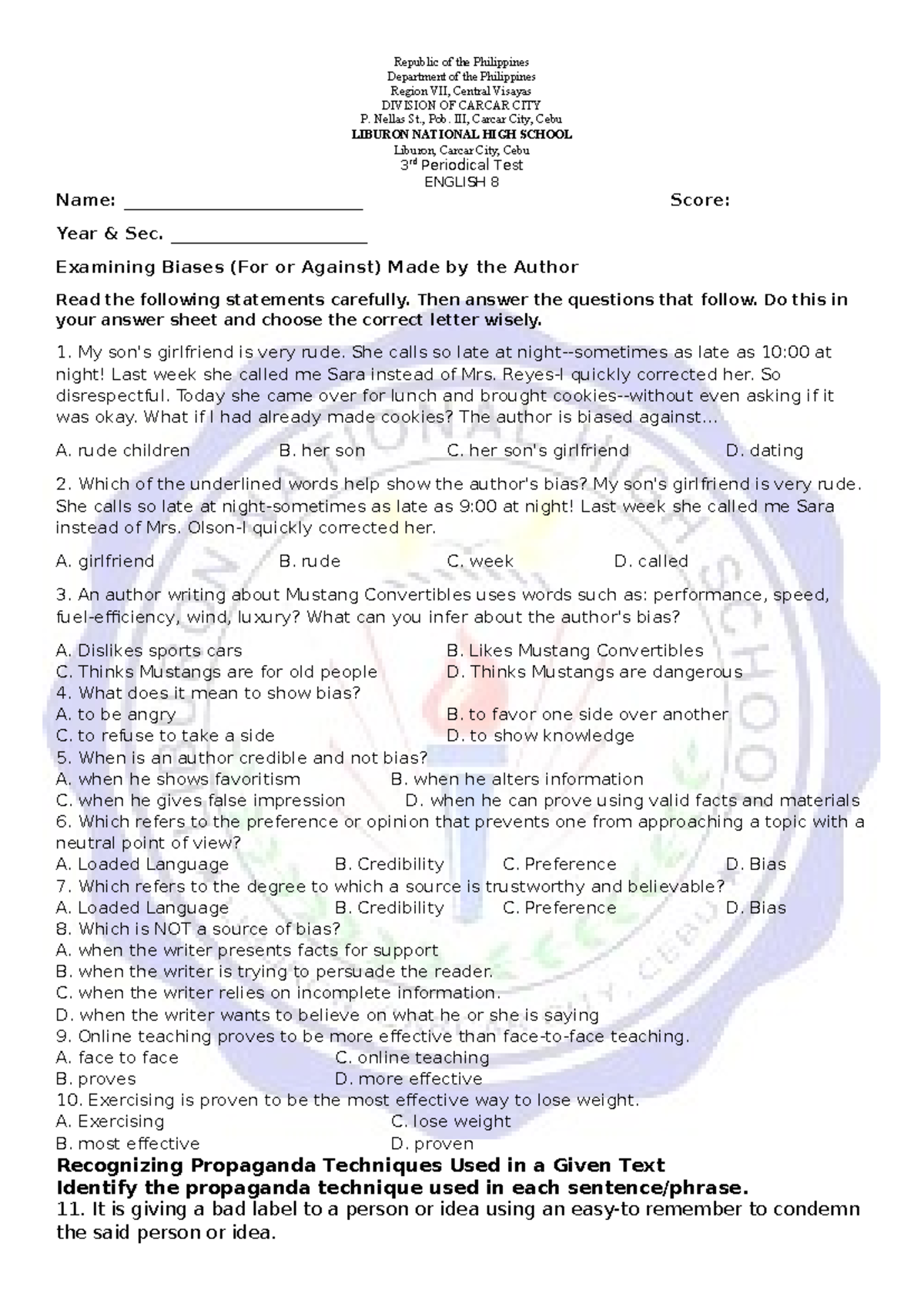English exam 2nd periodical test - Department of the Philippines Region ...