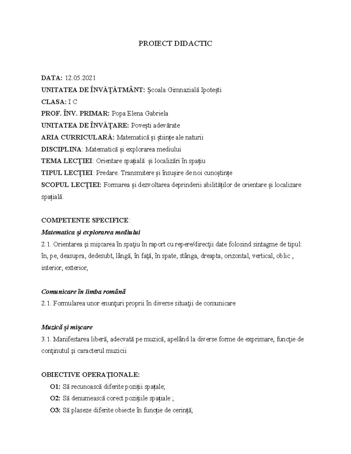 Proiect Didactic Matematică și Științe - Clasa I C (12.05.2021) - Studocu