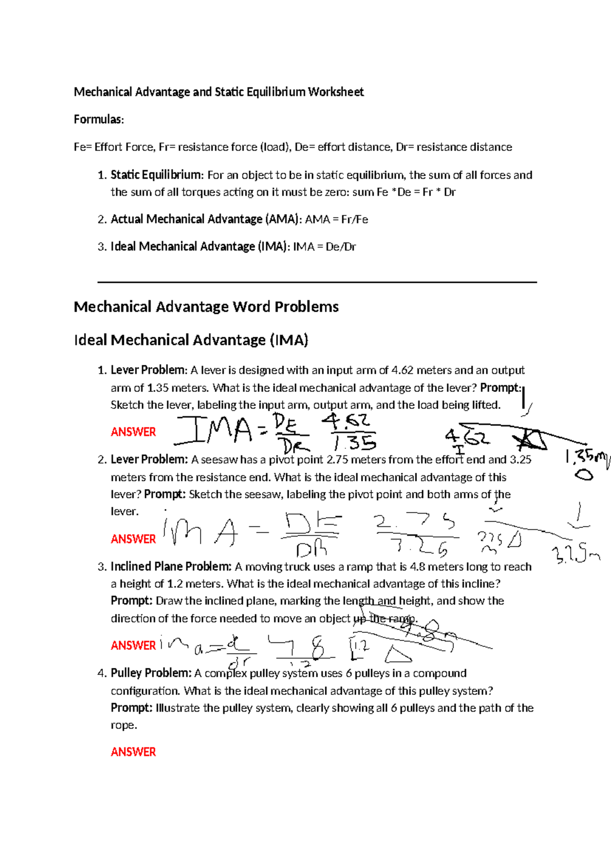 Mechanical Advantage Worksheet