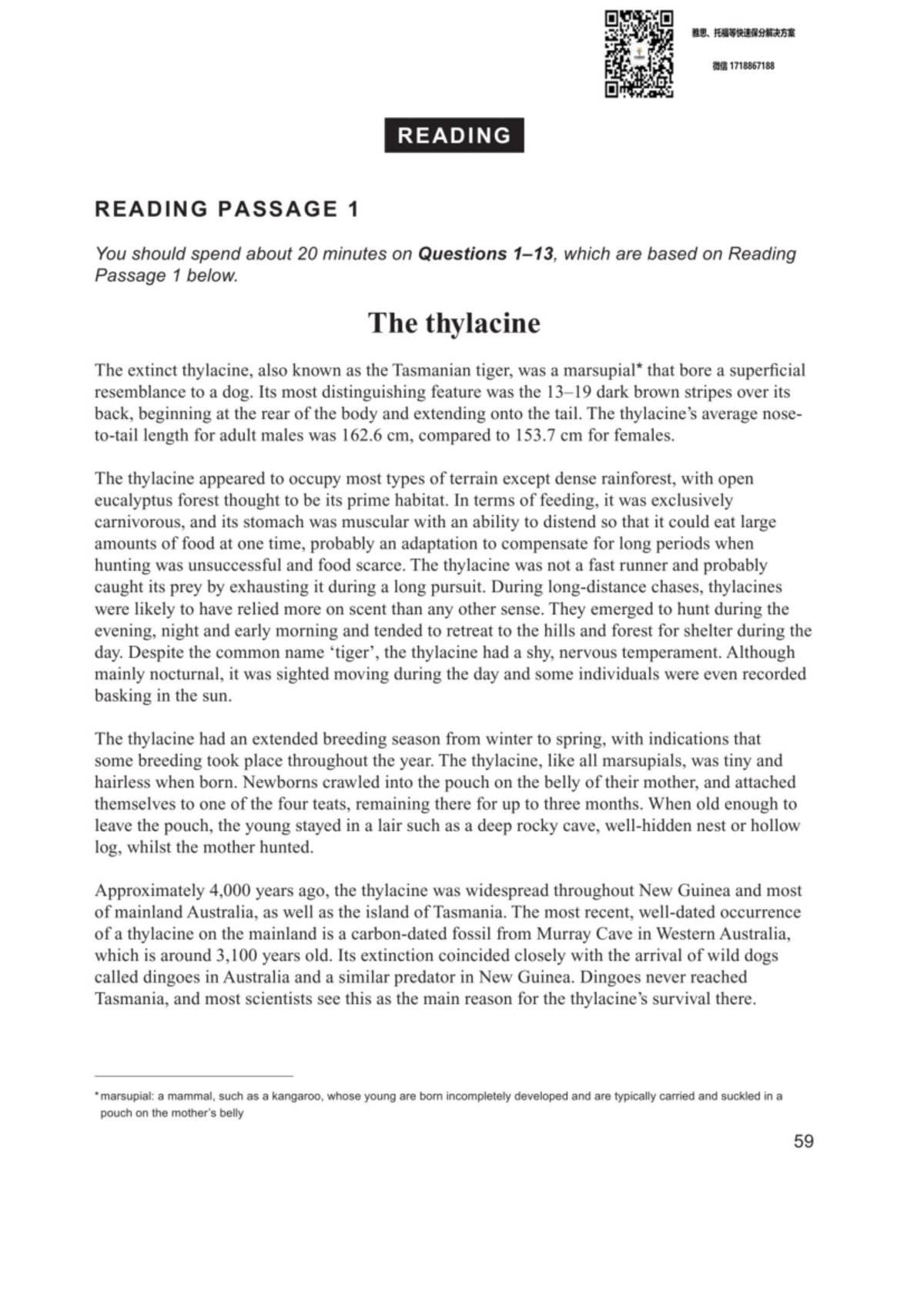1 WE 1718867188 READING PASSAGE 1: The Thylacine and Its Extinction ...
