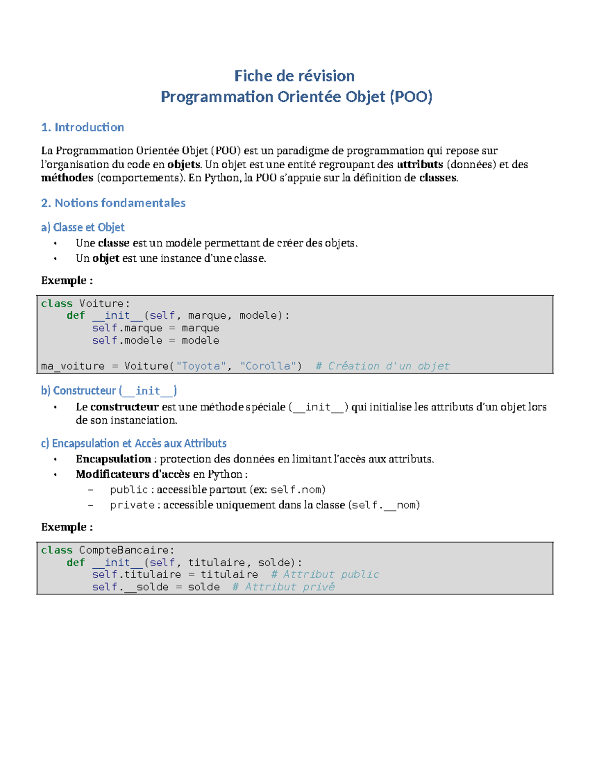 Fiche de Révision POO - Programmation Orientée Objet (POO) - Studocu