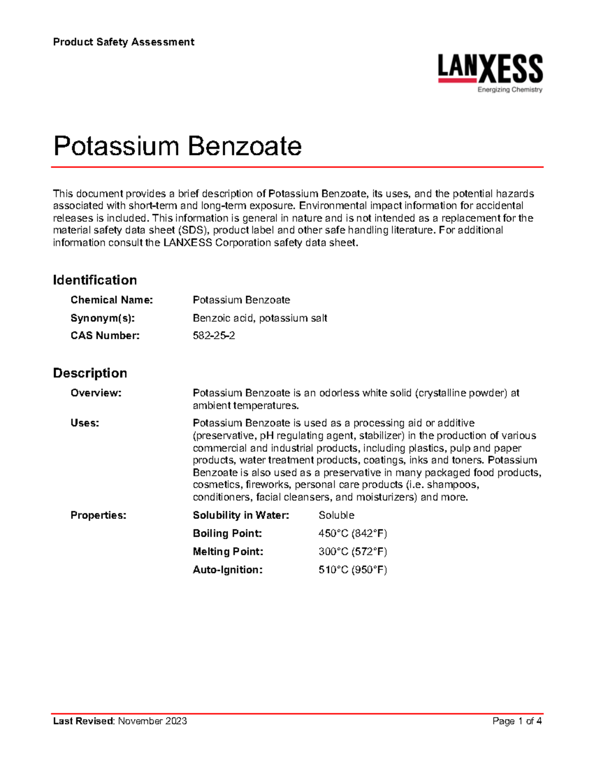 PSA Potassium Benzoate - Product Safety Assessment Potassium Benzoate This document provides a ...