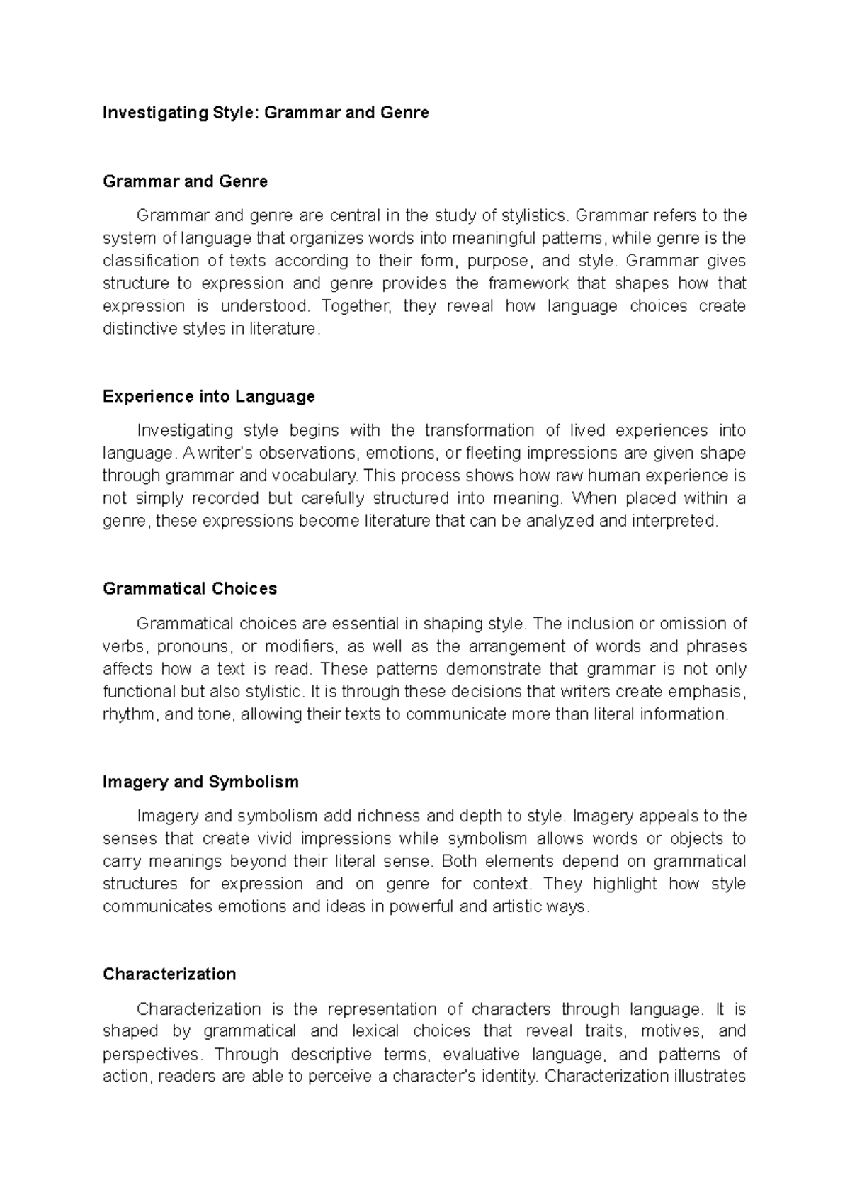 Grammar and Genre: Exploring Stylistic Choices in Literature - Studocu