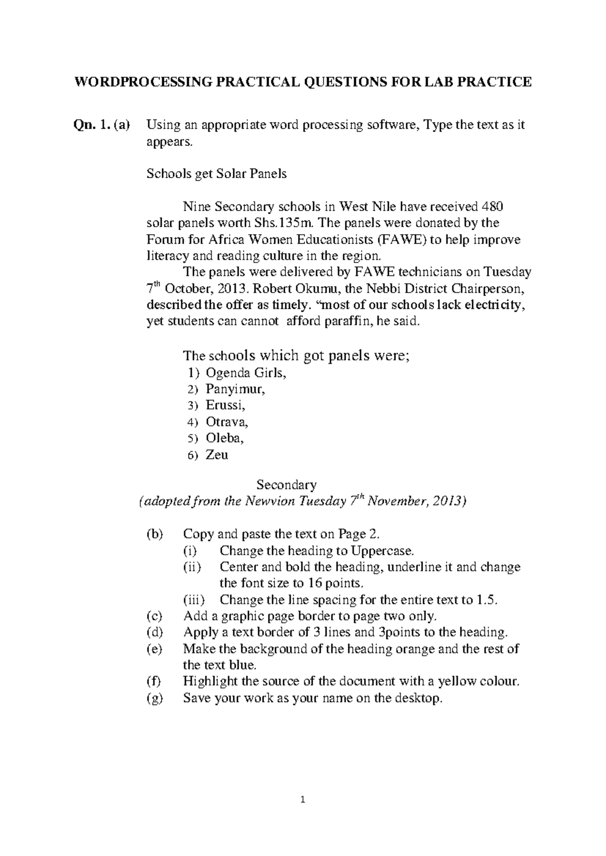 Wordprocessing Practical Questions - WORDPROCESSING PRACTICAL QUESTIONS FOR LAB PRACTICE Qn. 1 ...