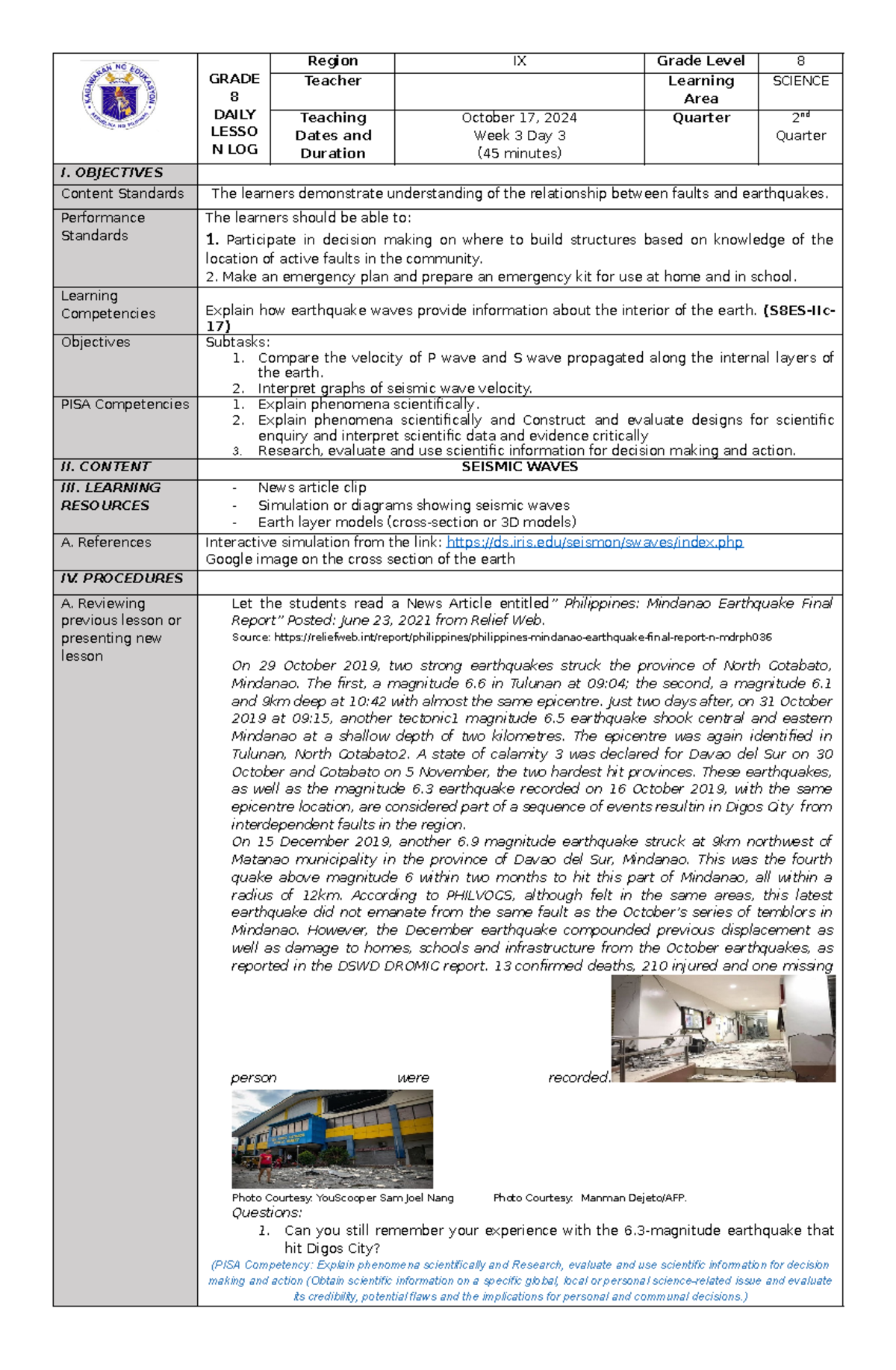 Science 8 ES Lesson Plan: Understanding Seismic Waves and Earthquakes ...