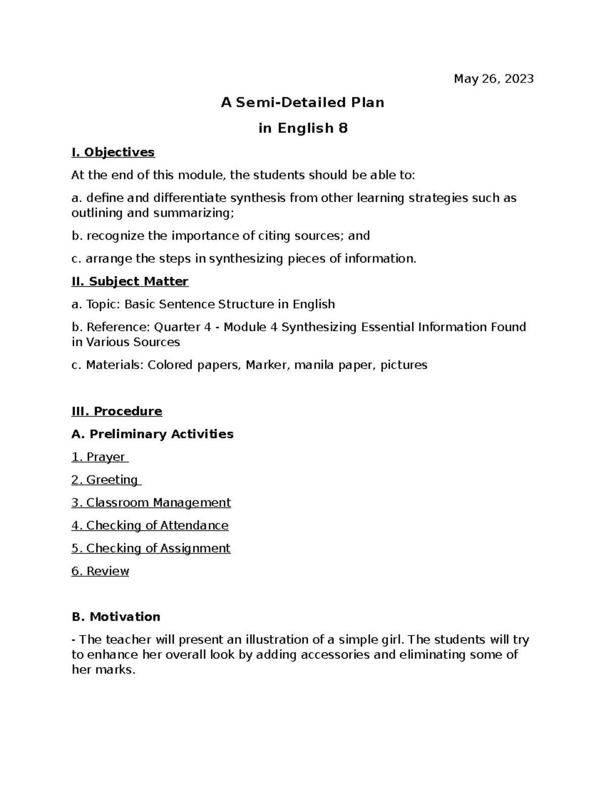 Q4-M4 English 8 Module: Synthesizing Information Techniques - Studocu