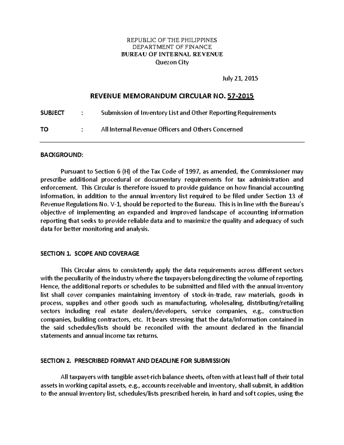 RMC 57-2015: Guidelines for Compliance on Inventory Submission - Studocu
