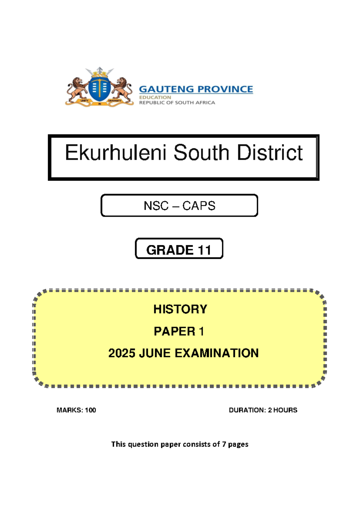 2025 GR 11 HISTORY P1 JUNE EXAMINATION QUESTIONS & GUIDELINES - Studocu