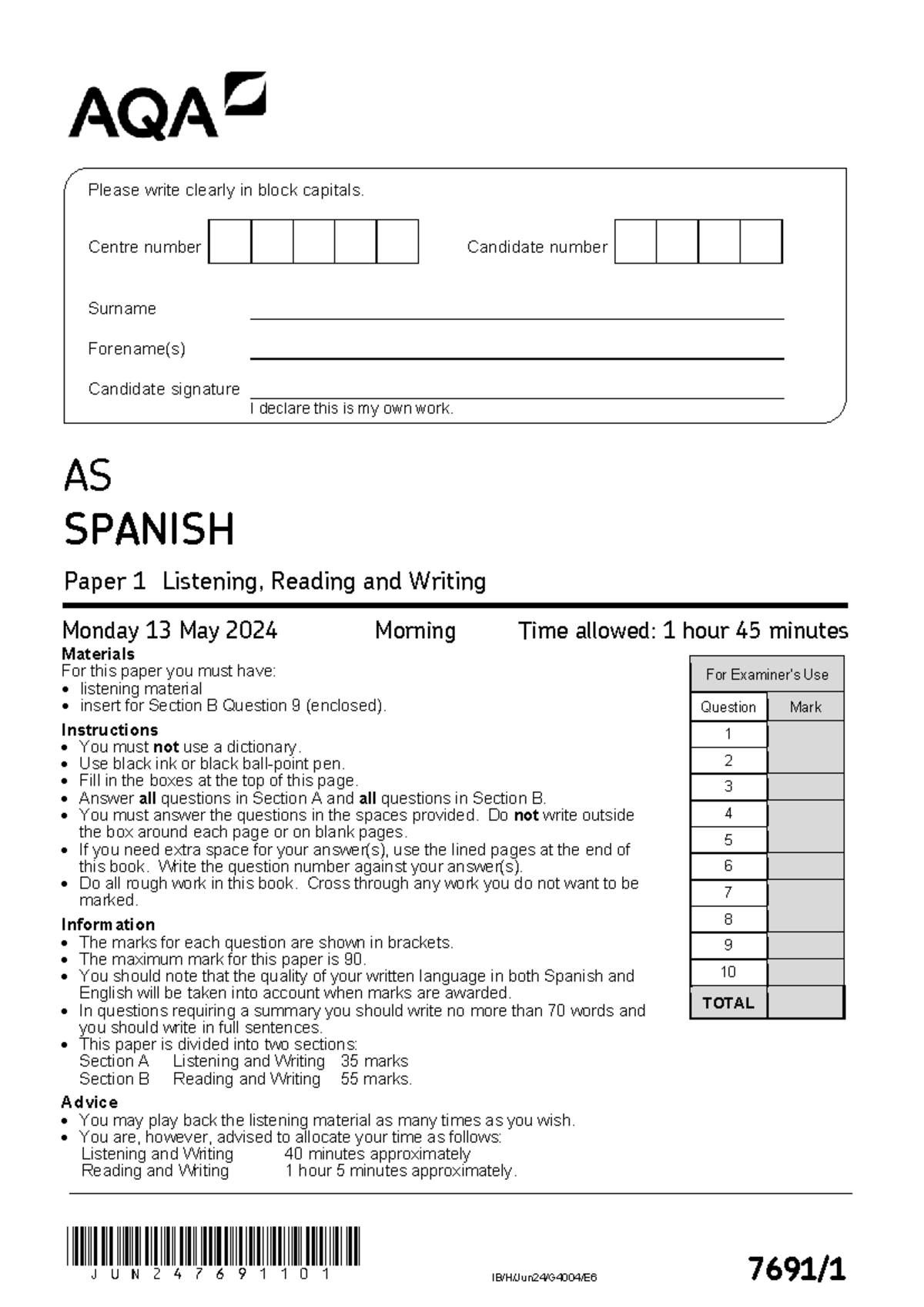7691-1-QP-Spanish-AS-Paper 1 Listening, Reading & Writing - 13 May 2024 ...