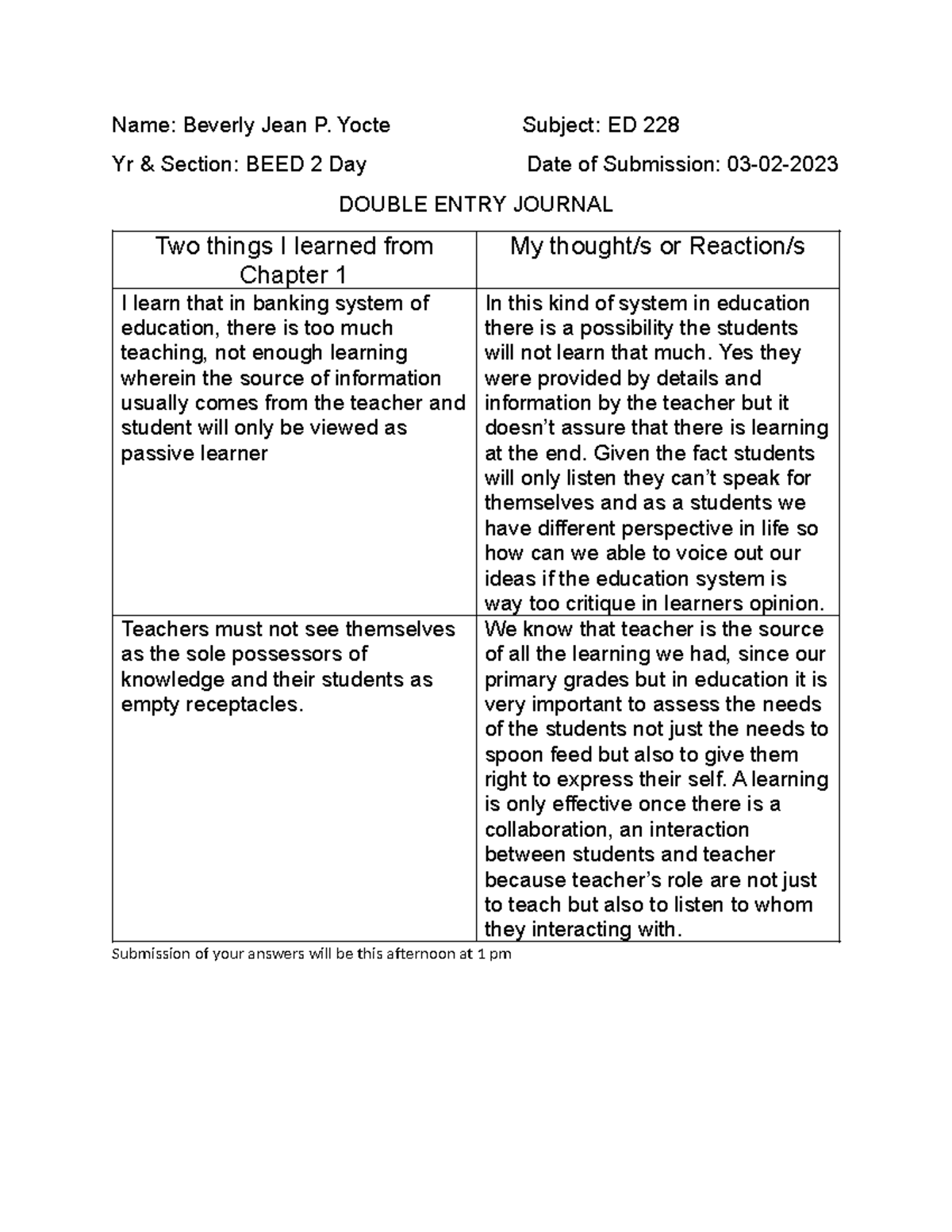 ED 228: BEED 2 Double Entry Journal Reflection on Chapter 1 Insights ...