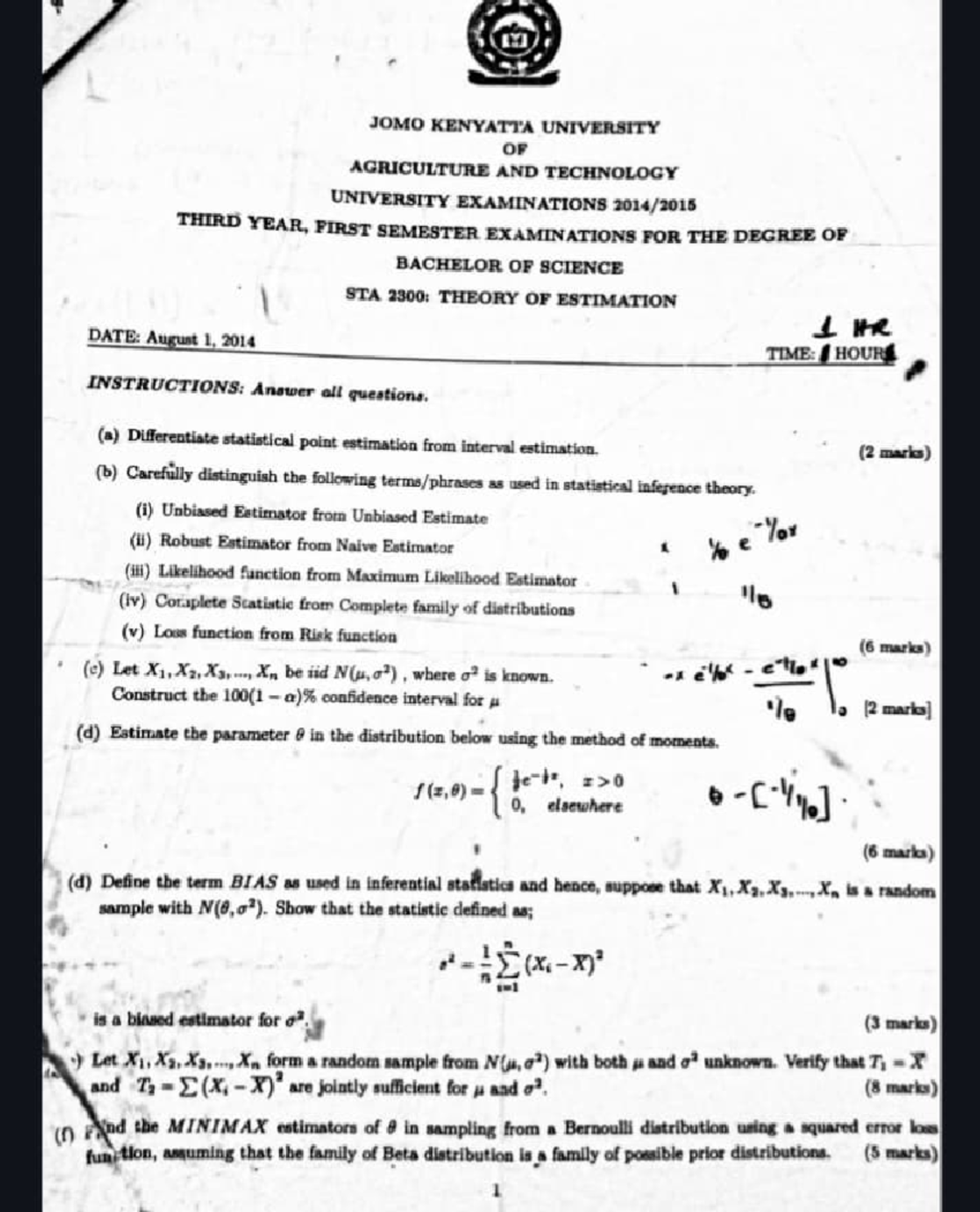 STA 2300: Theory of Estimation - Cat 2 Exam Paper (2014) - Studocu
