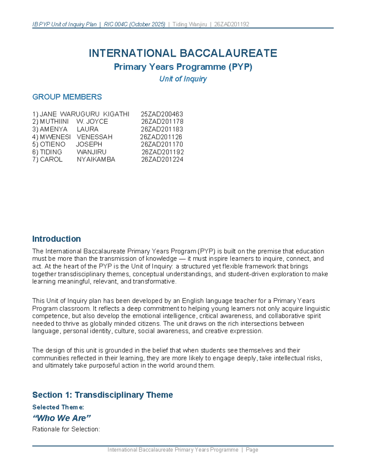 IB PYP Unit of Inquiry Plan RIC 004C: Who We Are and Our Stories - Studocu