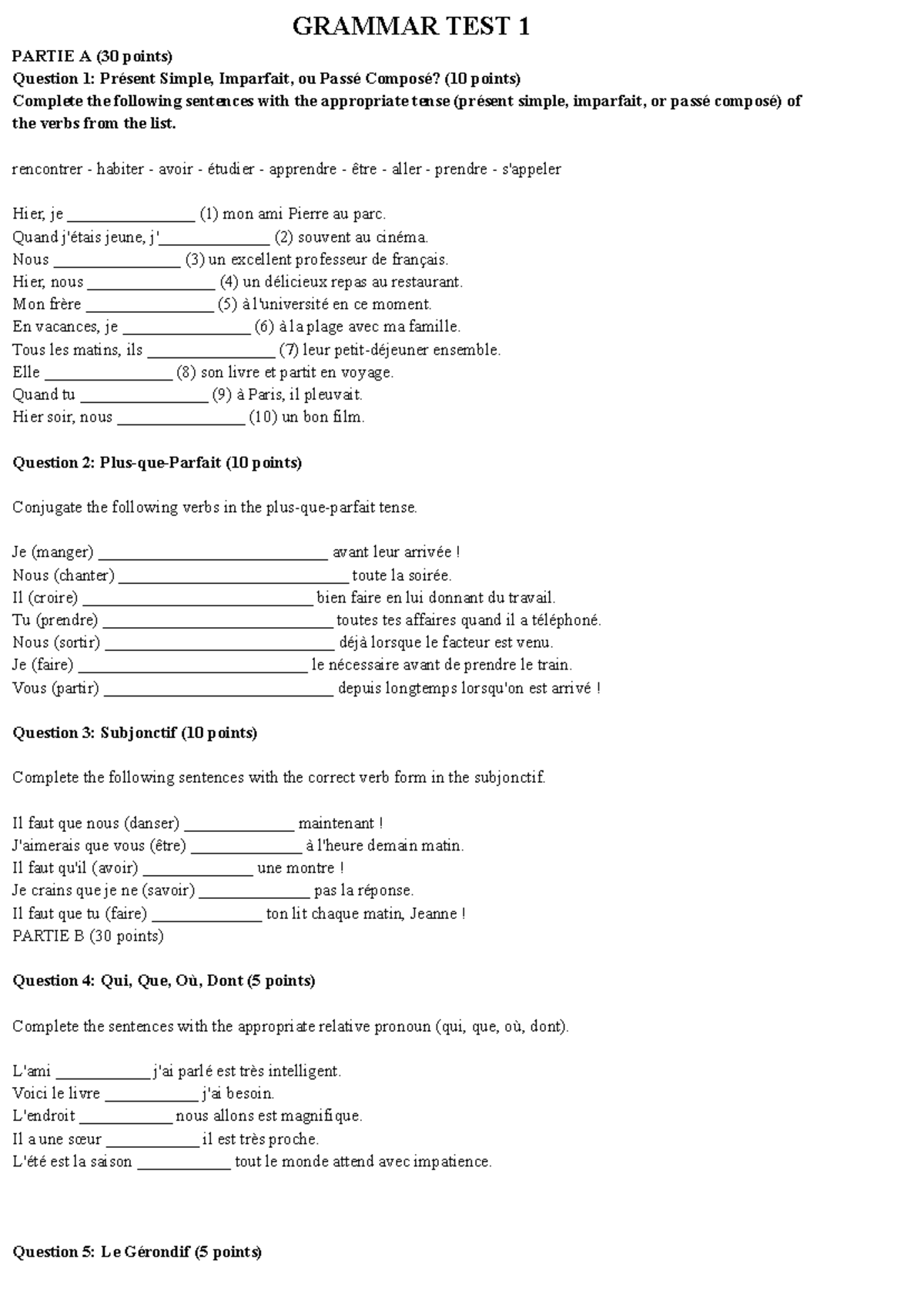 Grammar TEST 1-3: Comprehensive Review for French Verb Tenses - Studocu