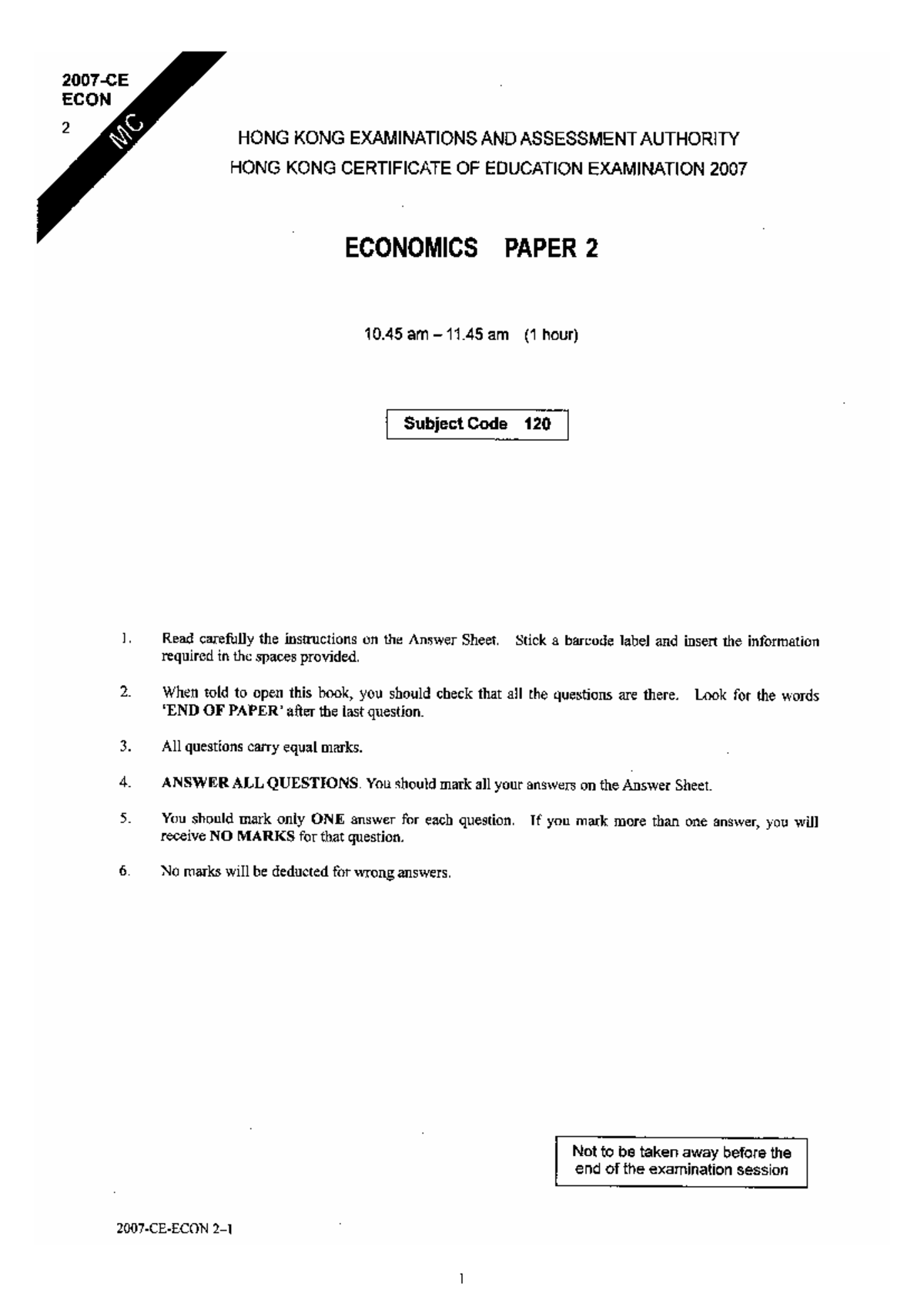 ECON 2 Final Exam 2007 Economics Paper 2 - Hong Kong Certificate Exam ...