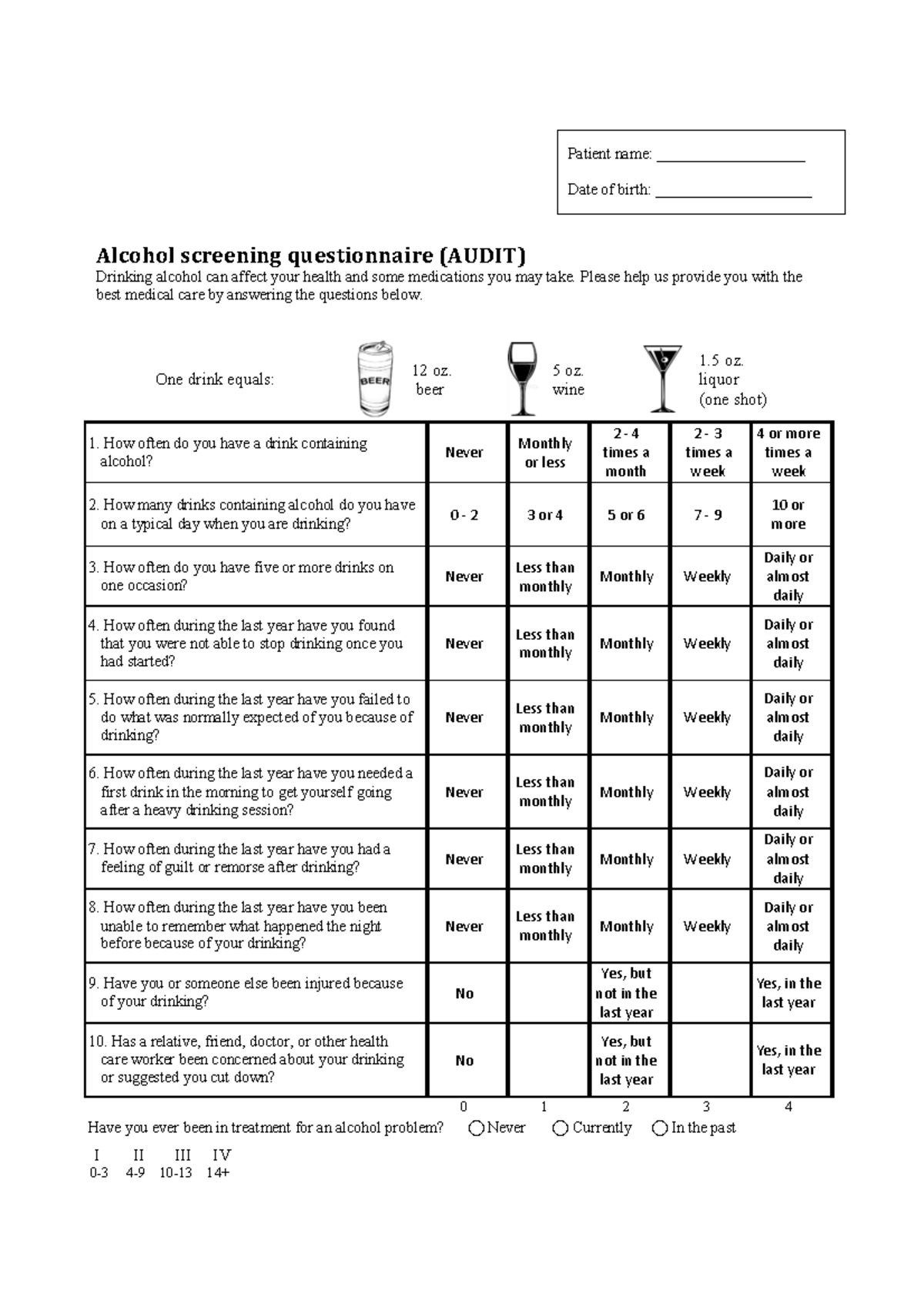 AUDIT Screening Tool - Assignment Notes for Alcohol Use Assessment ...