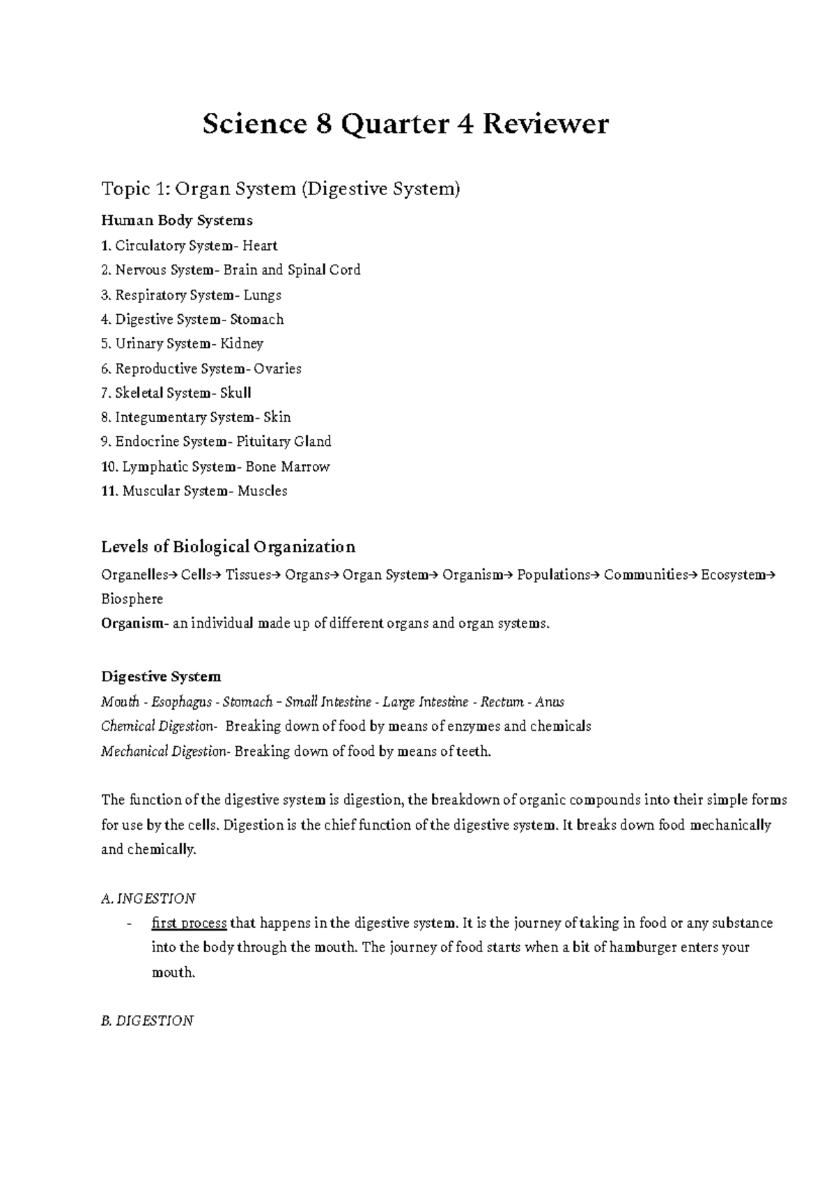 Science 8 Q4 Digestive System Review and Organ Systems Overview - Studocu