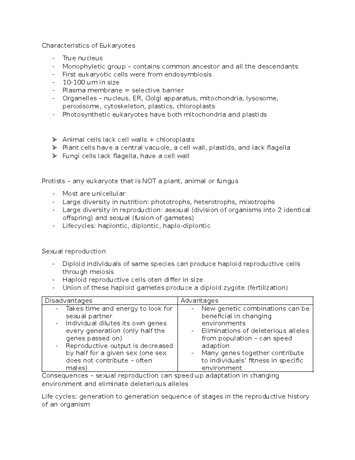 Eukaryotes Notes: Characteristics, Reproduction, and Diversity - Studocu