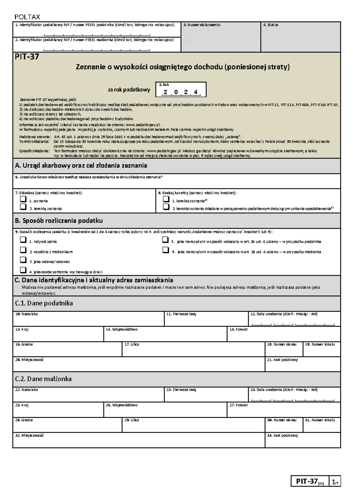 PIT-37 - Zeznanie o wysokości dochodu za rok 2024 - Studocu