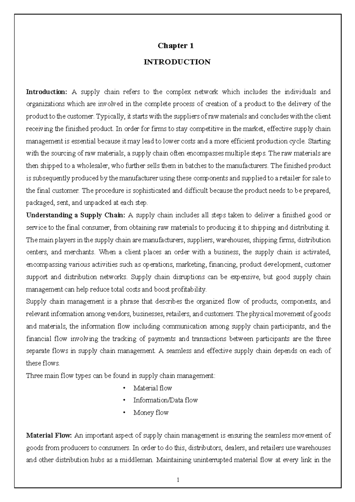 Project doc1 - Chapter 1 INTRODUCTION Introduction: A supply chain refers to the complex network ...