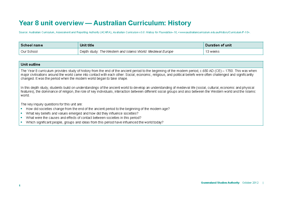 Year 8 History Unit Overview: The Western and Islamic World - Studocu