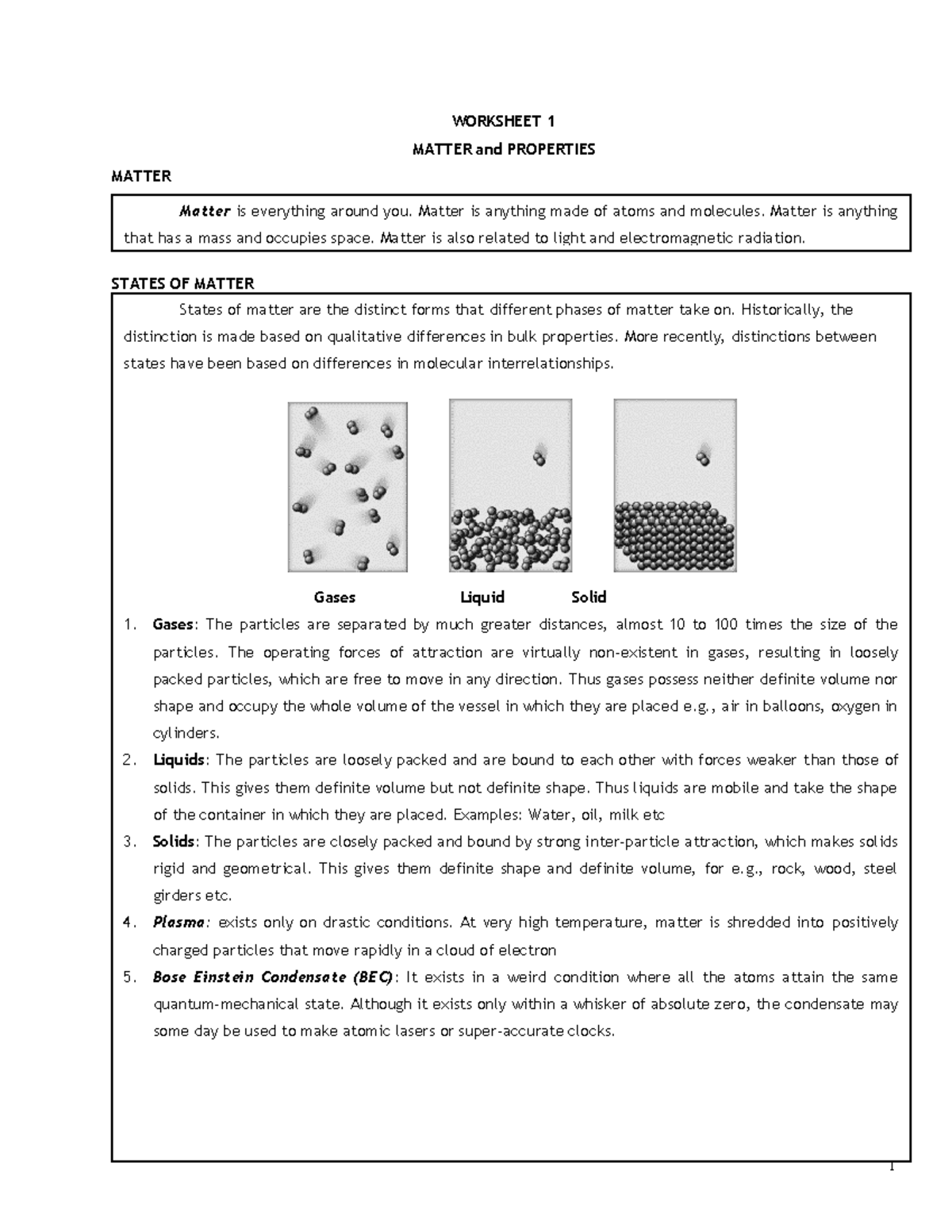 Matter And Its Properties Worksheet