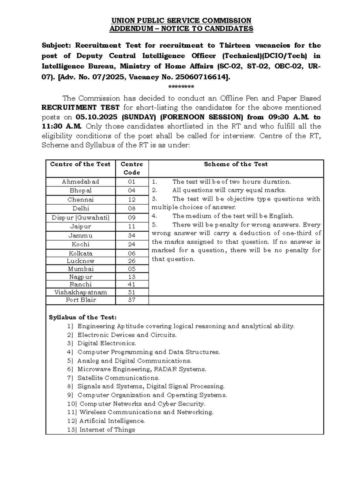 UPSC Addendum Notice: Recruitment Test for 13 DCIO Vacancies (UR07 ...