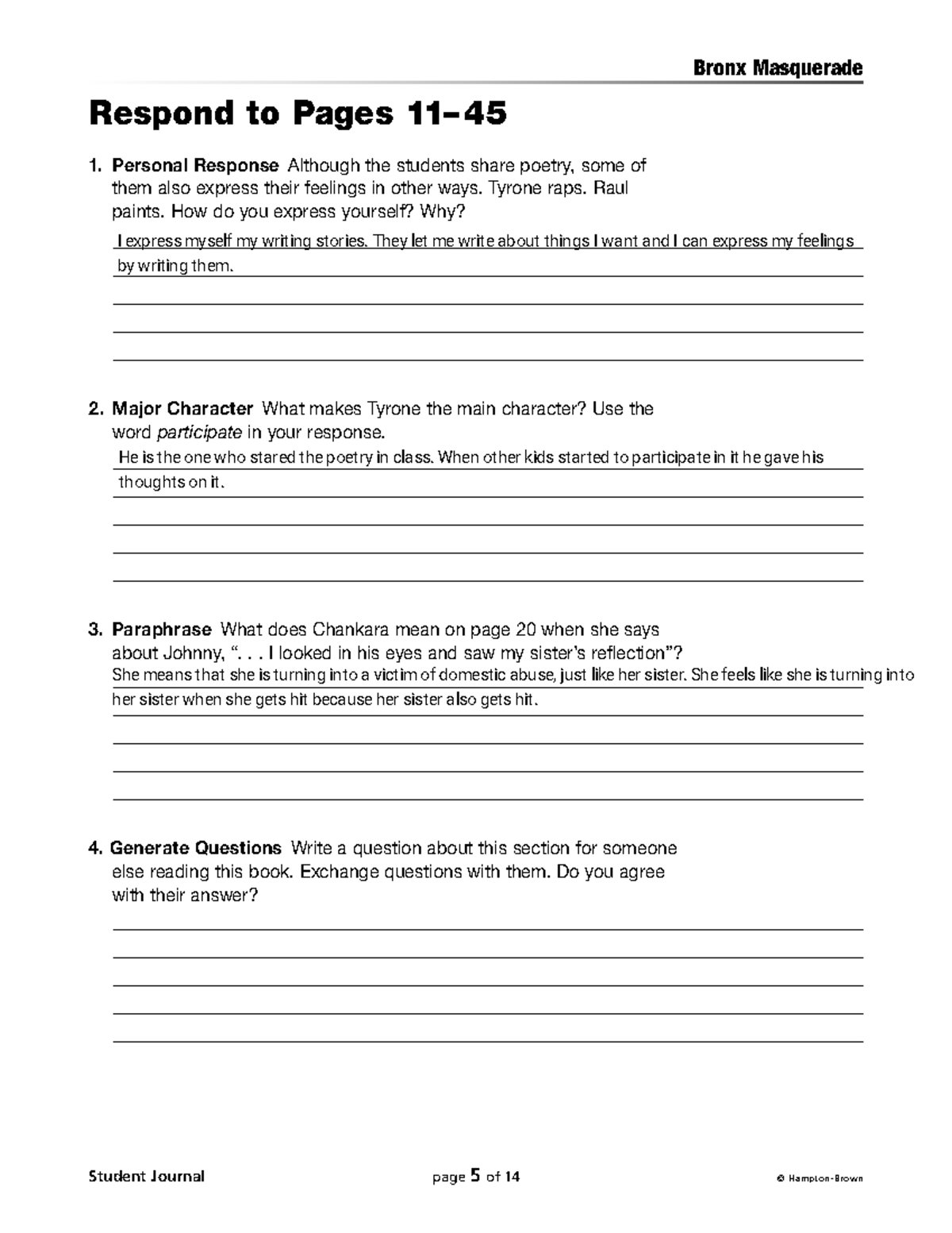 Bronx Masquerade Activity Response: Pages 11-45 Exploration - Studocu