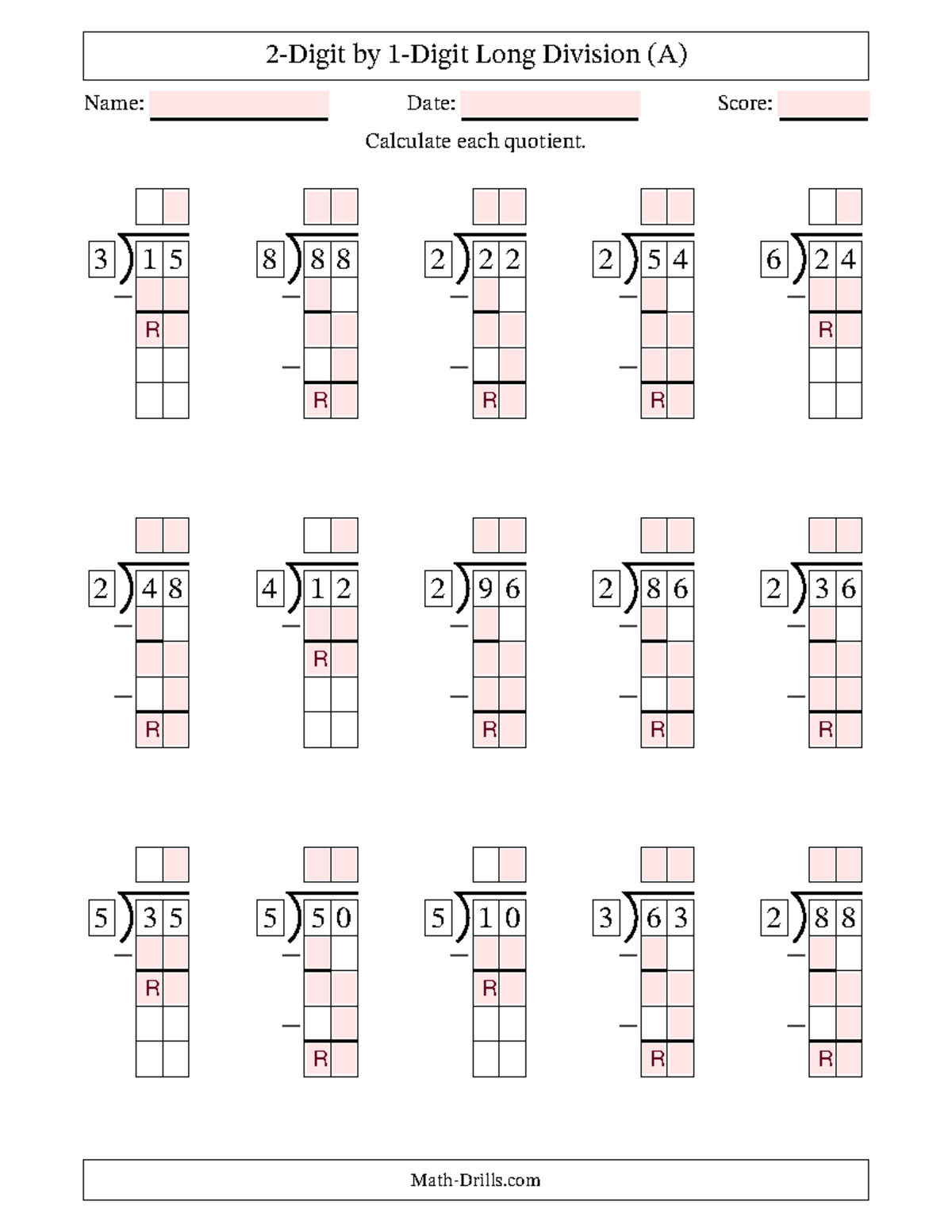 Division long grid 1digit divisor 2digit dividend prompts no remainders ...