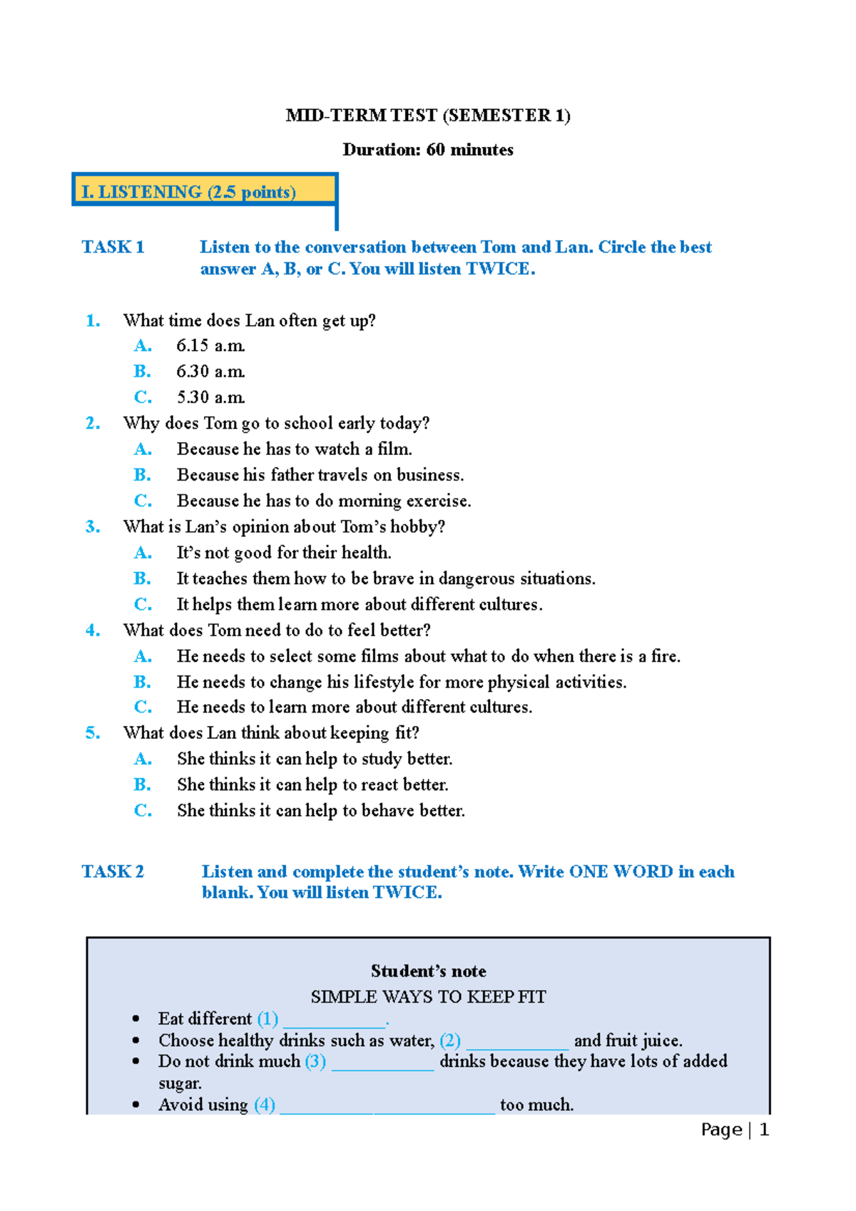 Anh 7 Global MIDTERM TEST - Semester 1 Listening, Reading, Language ...