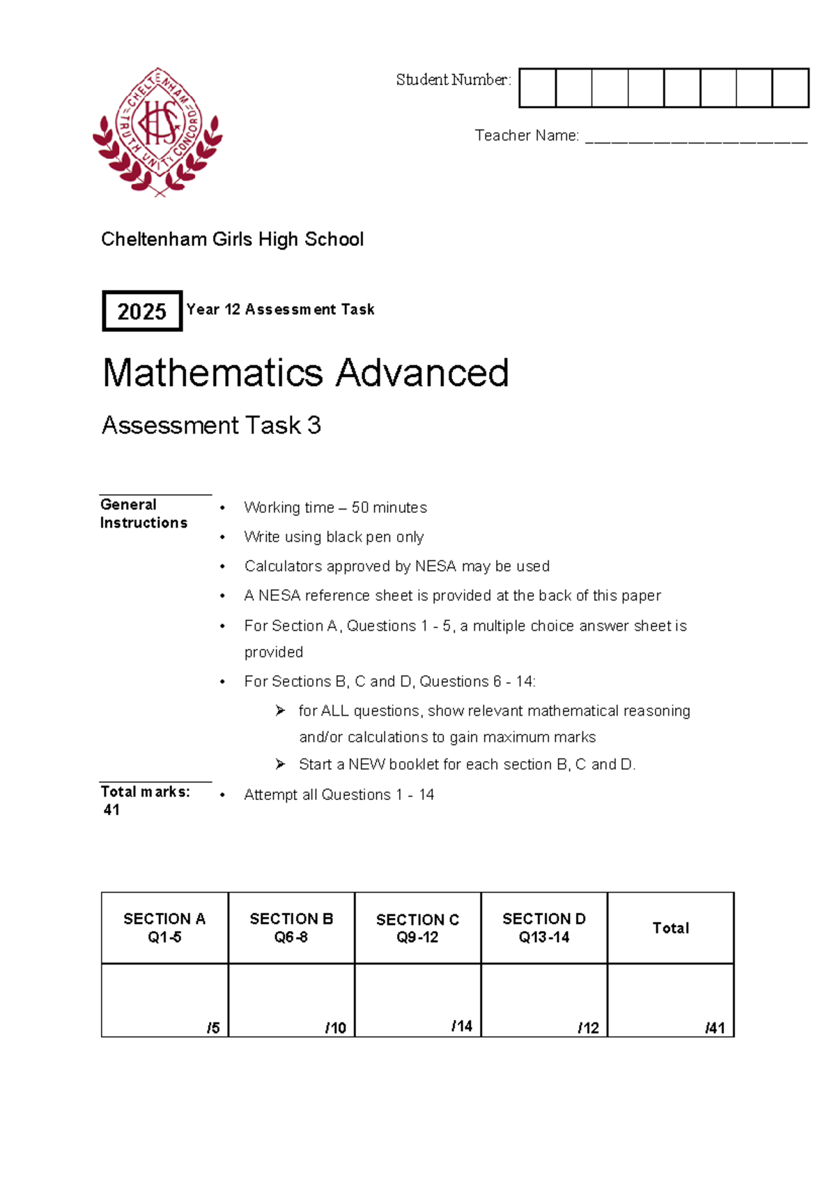 2025 Year 12 ADV Assessment Task 3 - Mathematics Exam - Studocu