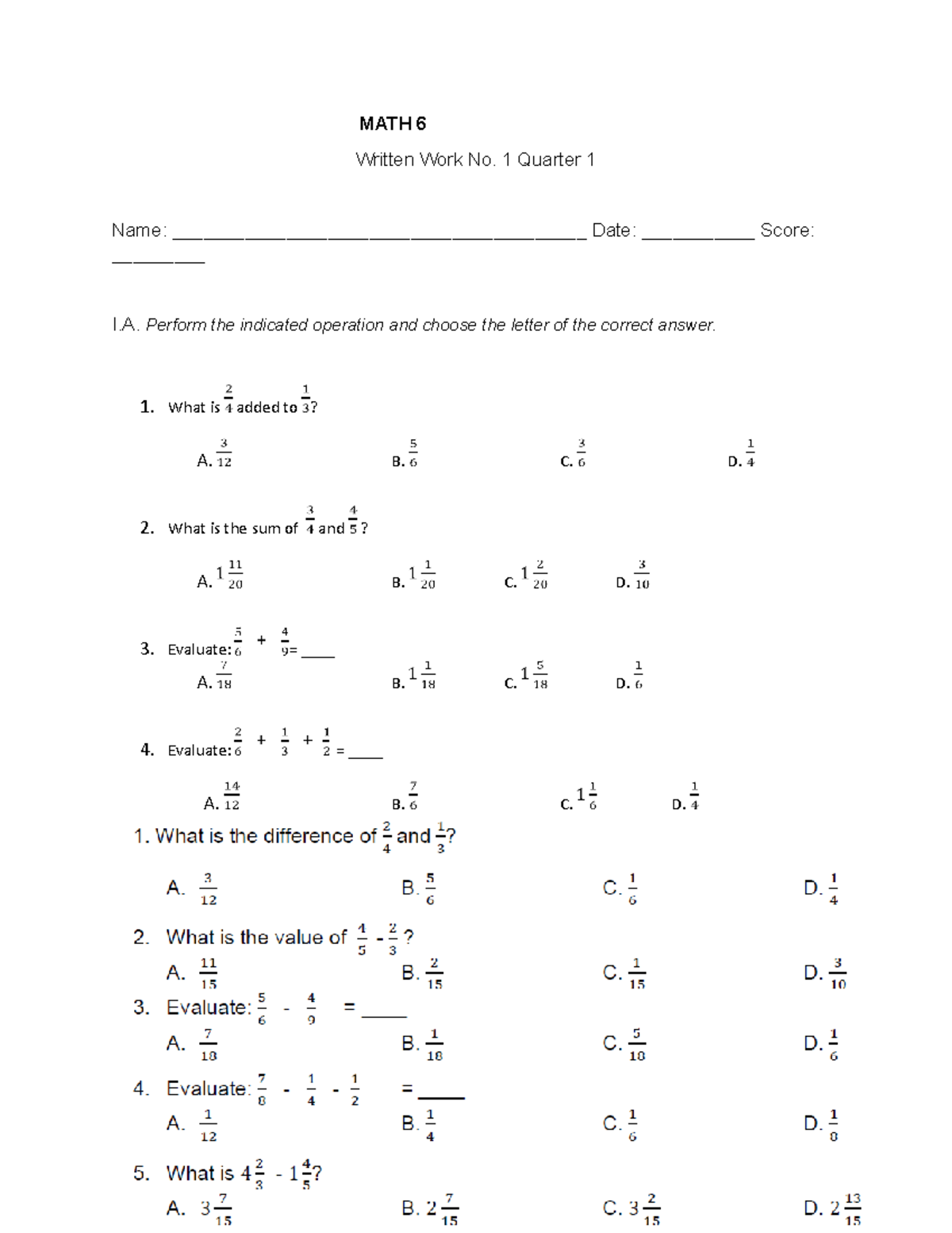 Grade 6 Summative Test in Math Modules 1-3 - MATH 6 Written Work No. 1 ...