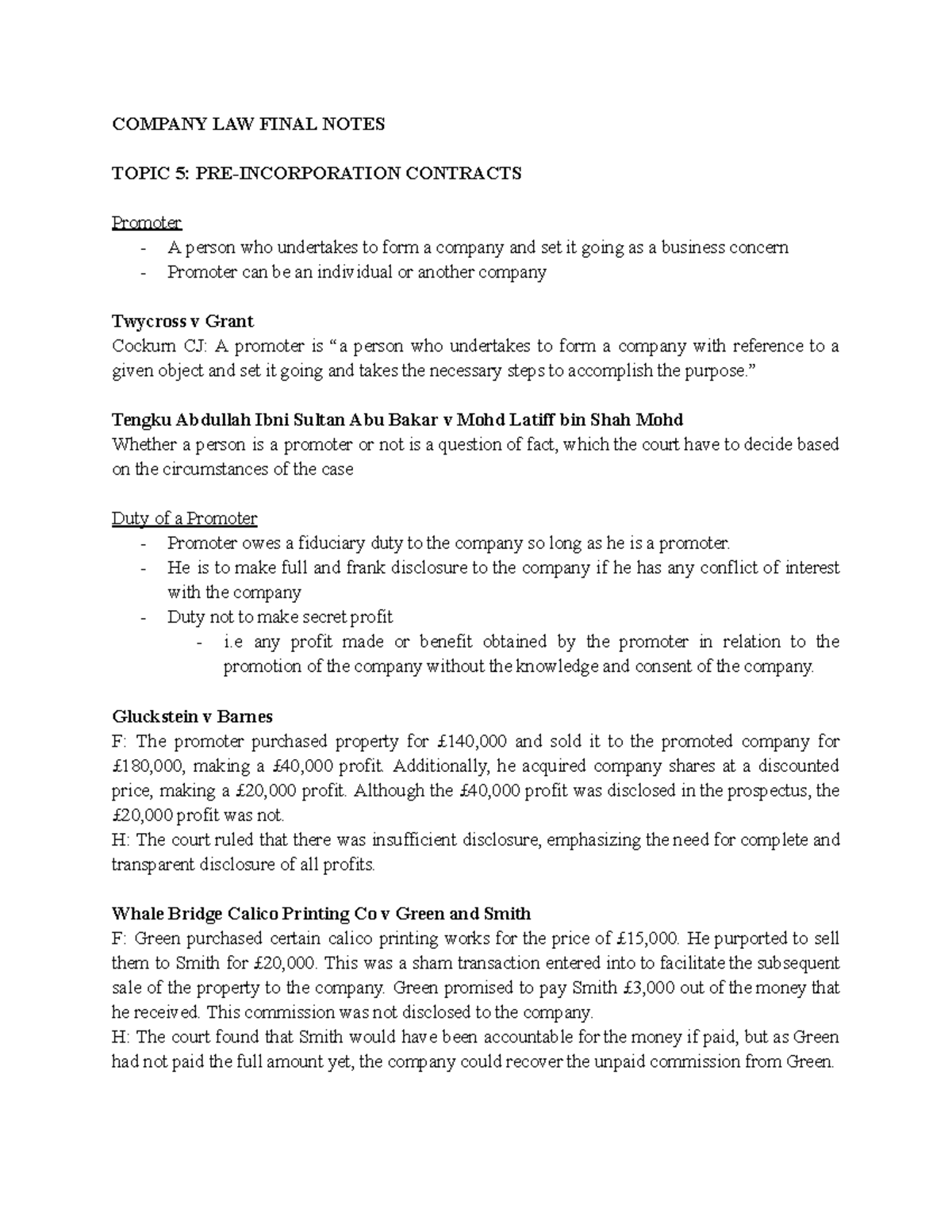 Company LAW Final Notes - COMPANY LAW FINAL NOTES TOPIC 5: PRE ...