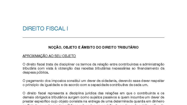 Direito Fiscal I: Noção, Objeto e Âmbito do Direito Tributário - Studocu