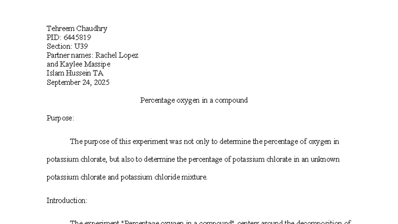 Lab Report: Determining Oxygen Percentage in KClO3 (CHEM 101) - Studocu